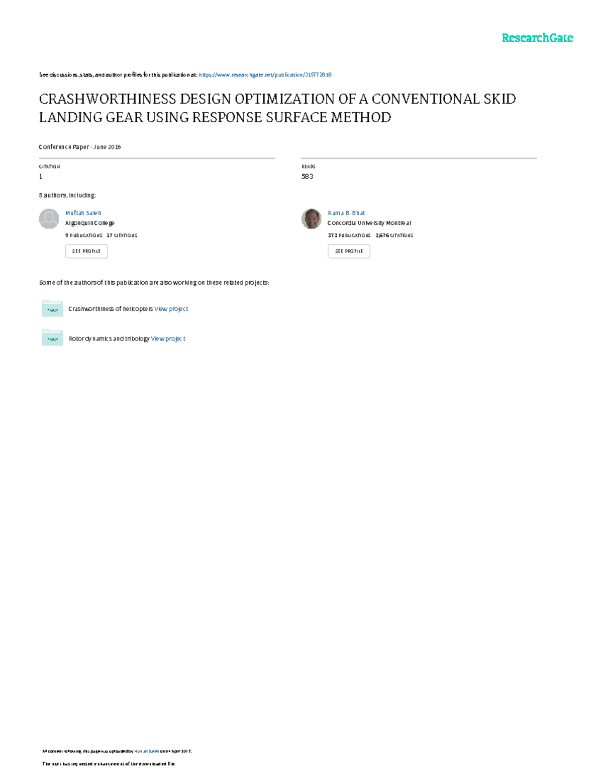 CRASHWORTHINESS DESIGN OPTIMIZATION OF A CONVENTIONAL SKID LANDING GEAR USING RESPONSE SURFACE ...
