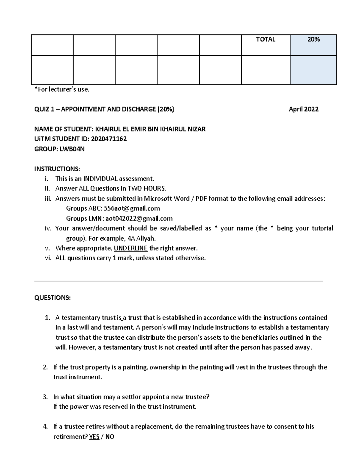 LAW556 Quiz 1 April 2022- questions on the appointment and removal of ...