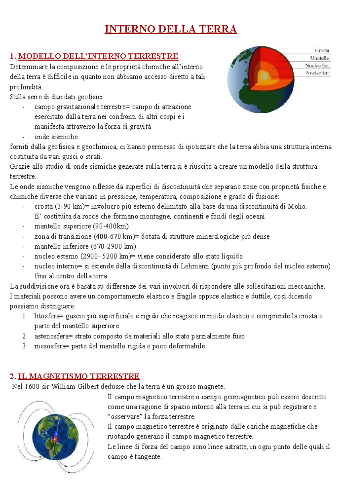 Scienze della terra - Riassunto di: il modello dell'interno terrestre ...