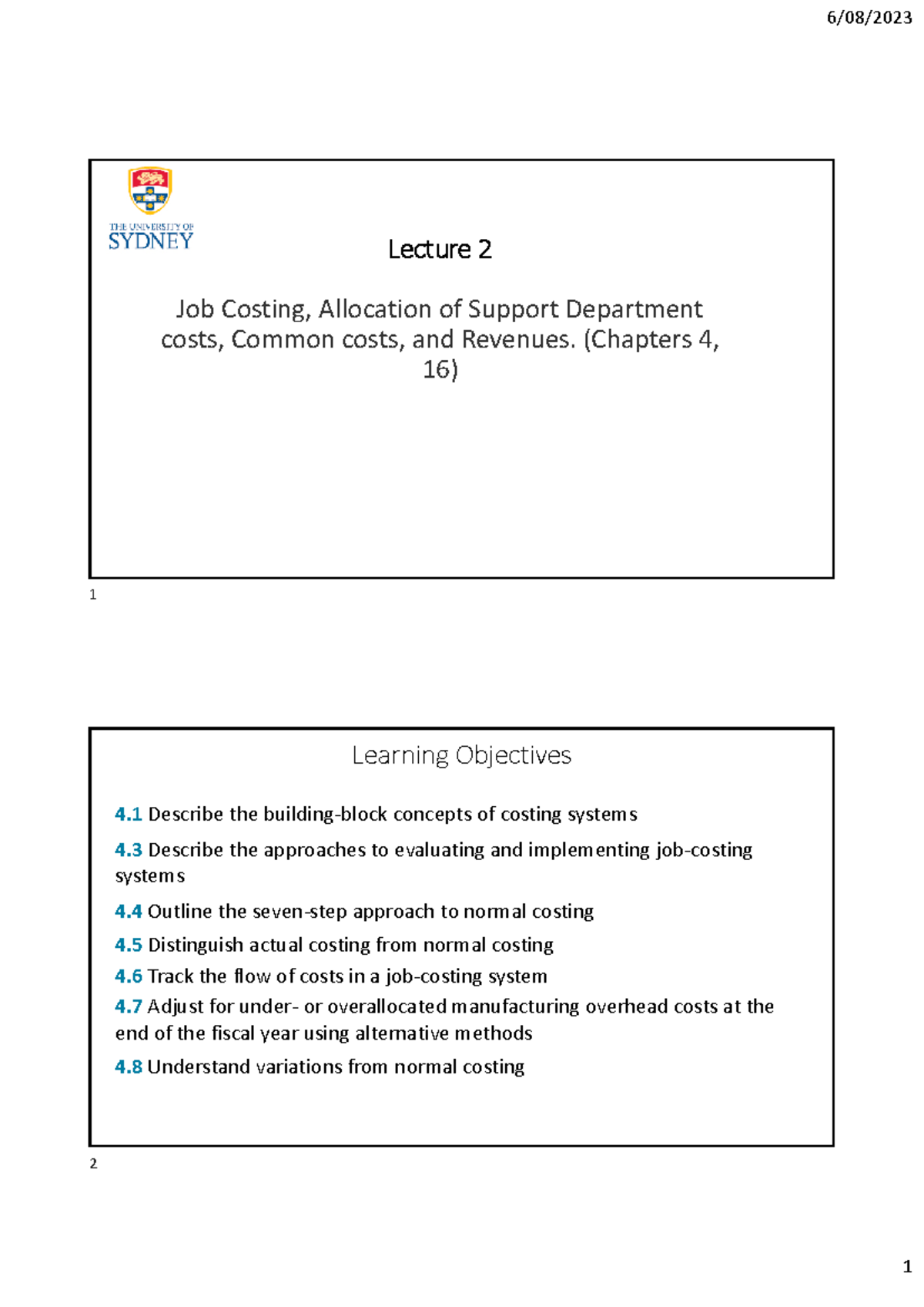 Lecture 2 Content 2PP - Lecture 2 Job Costing, Allocation of Support Department costs, Common ...