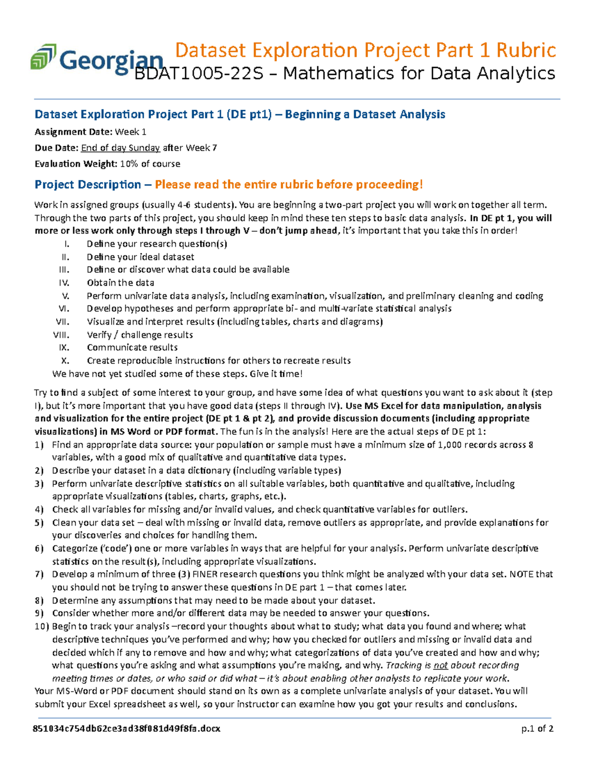 Dataset Exploration Pt 1 Rubric BDAT1005-22S - Dataset Exploration ...