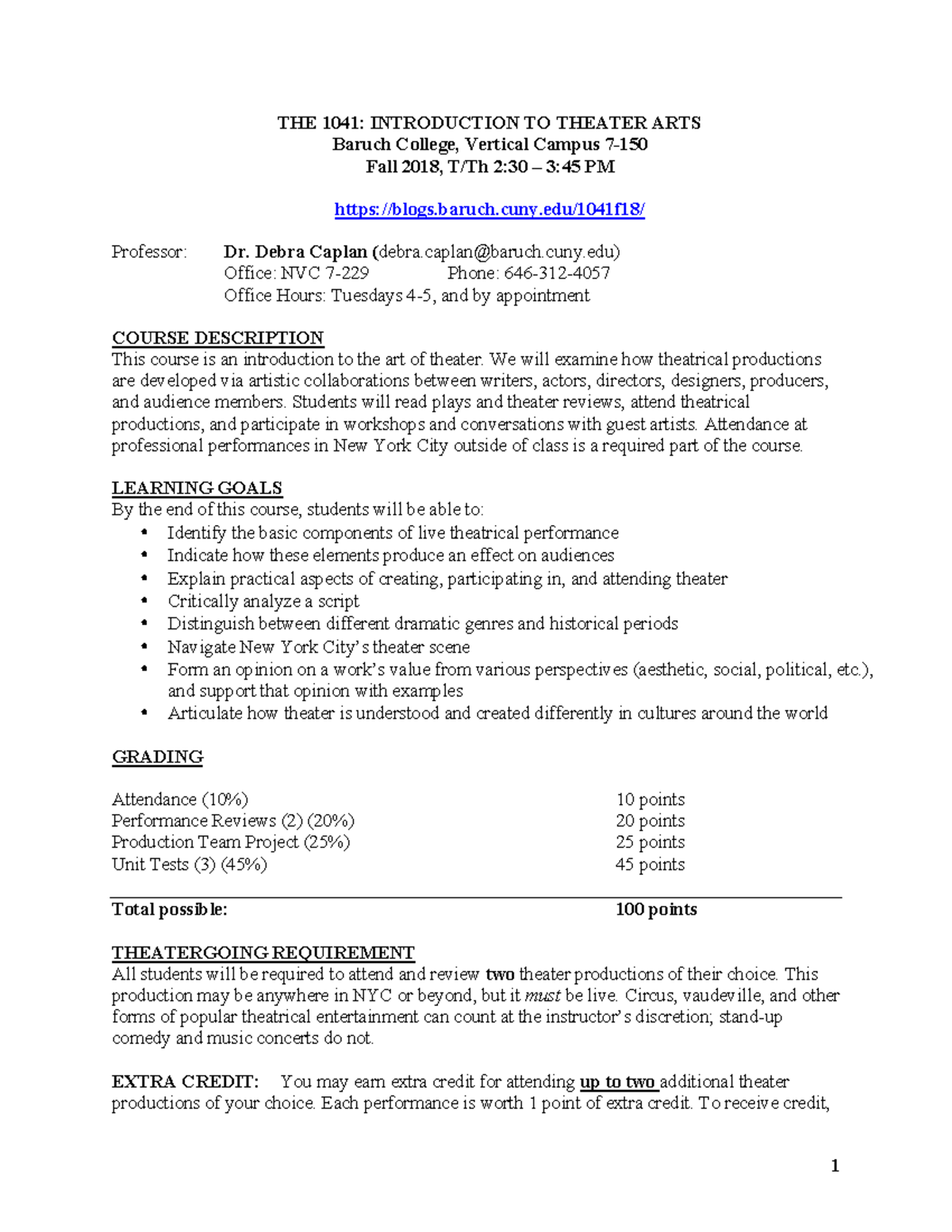 Course Syllabus - THE 1041: INTRODUCTION TO THEATER ARTS Baruch College ...