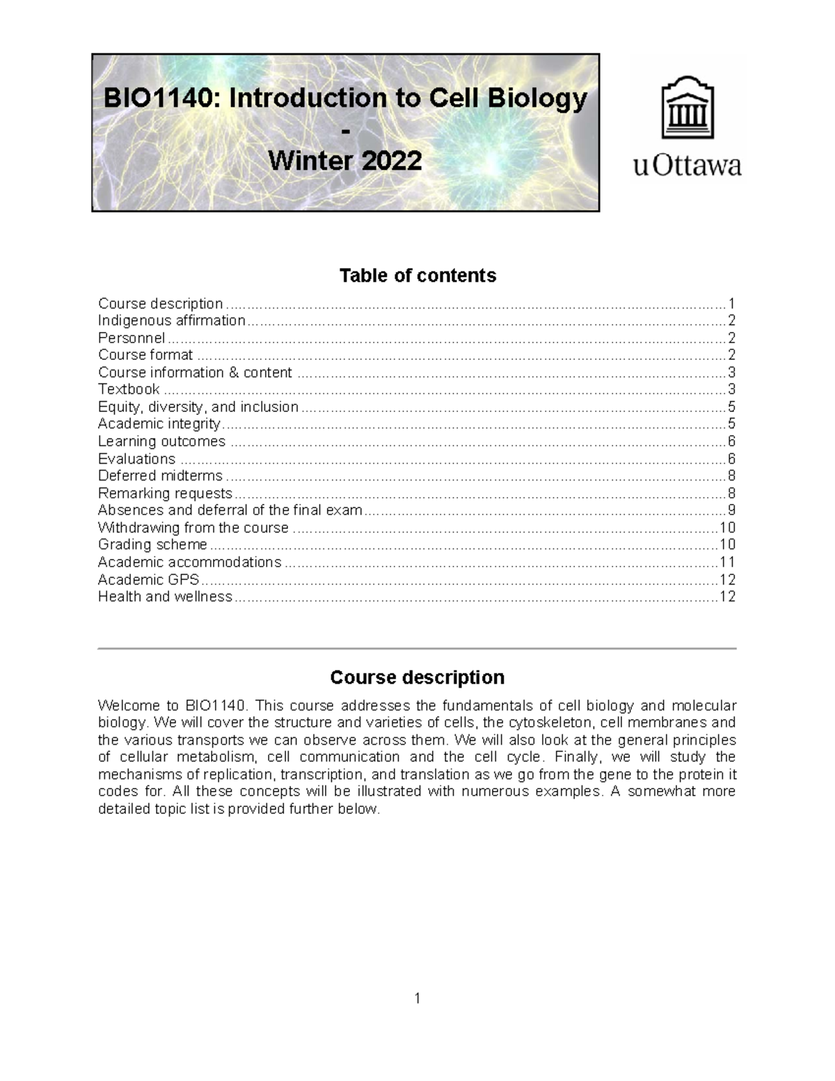 Introduction to Cell Biology 1140 Syllabus - Table of contents Course ...