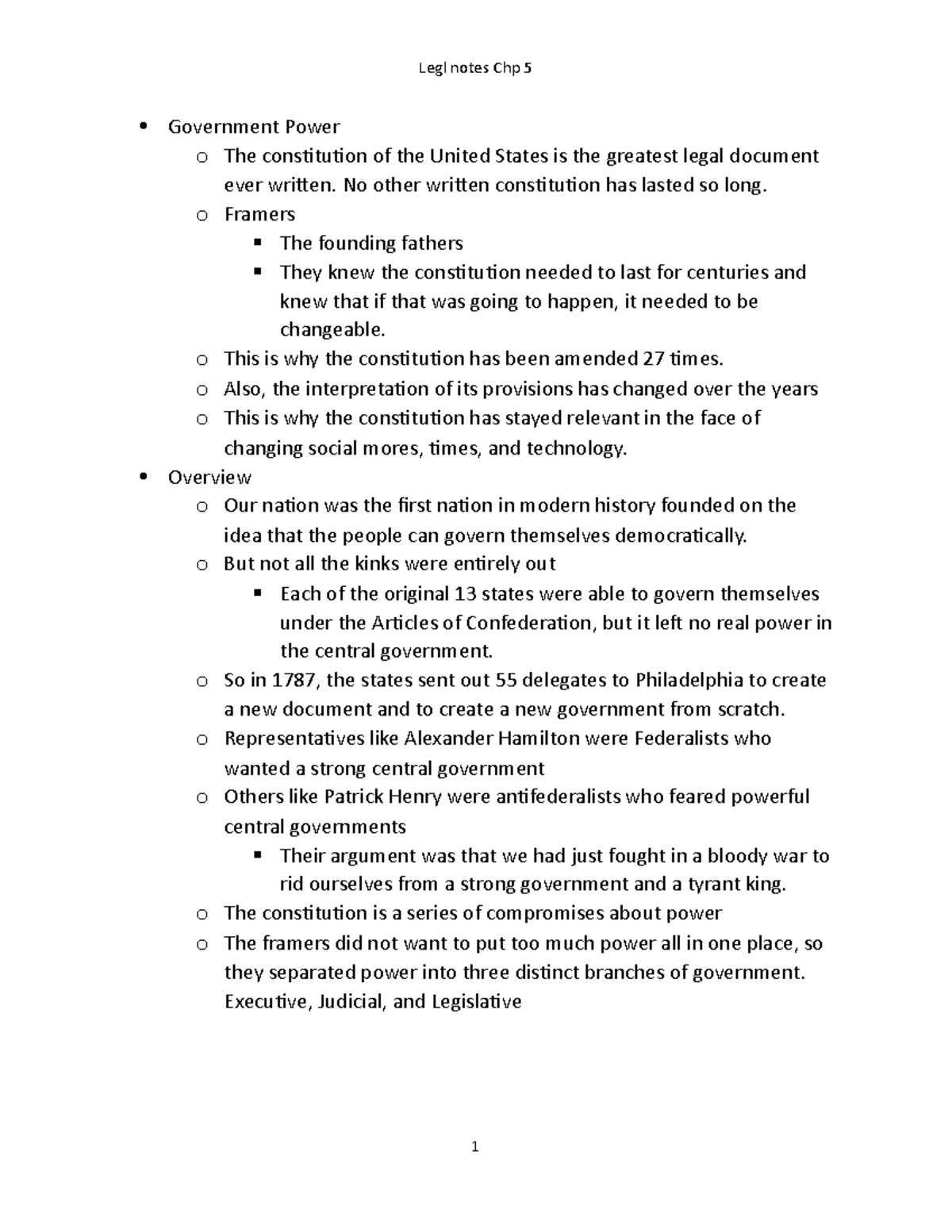 Legl Notes Chp 5 - Government Power o The constitution of the United ...