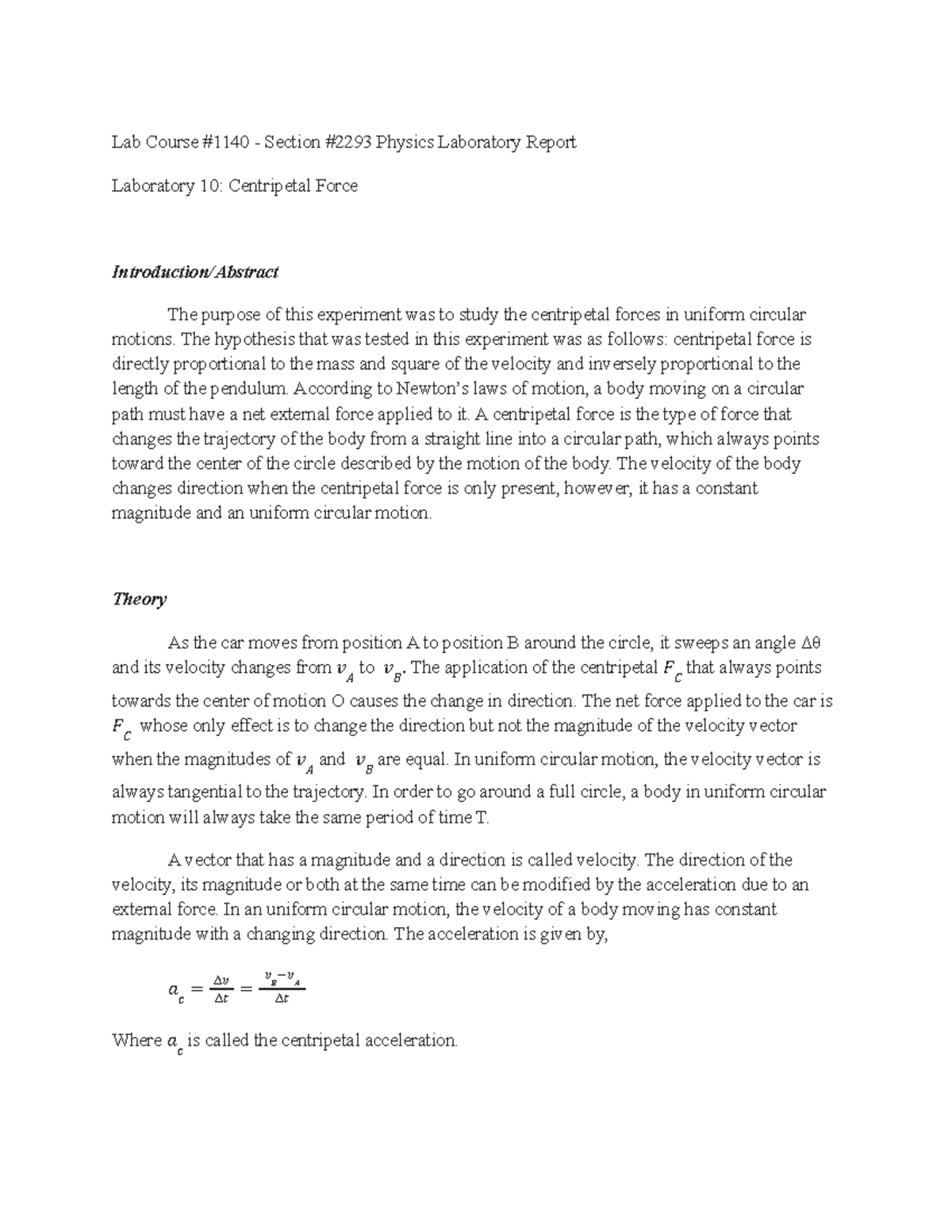 Physics Lab 10-2 - Lab Course #1140 - Section #2293 Physics Laboratory ...