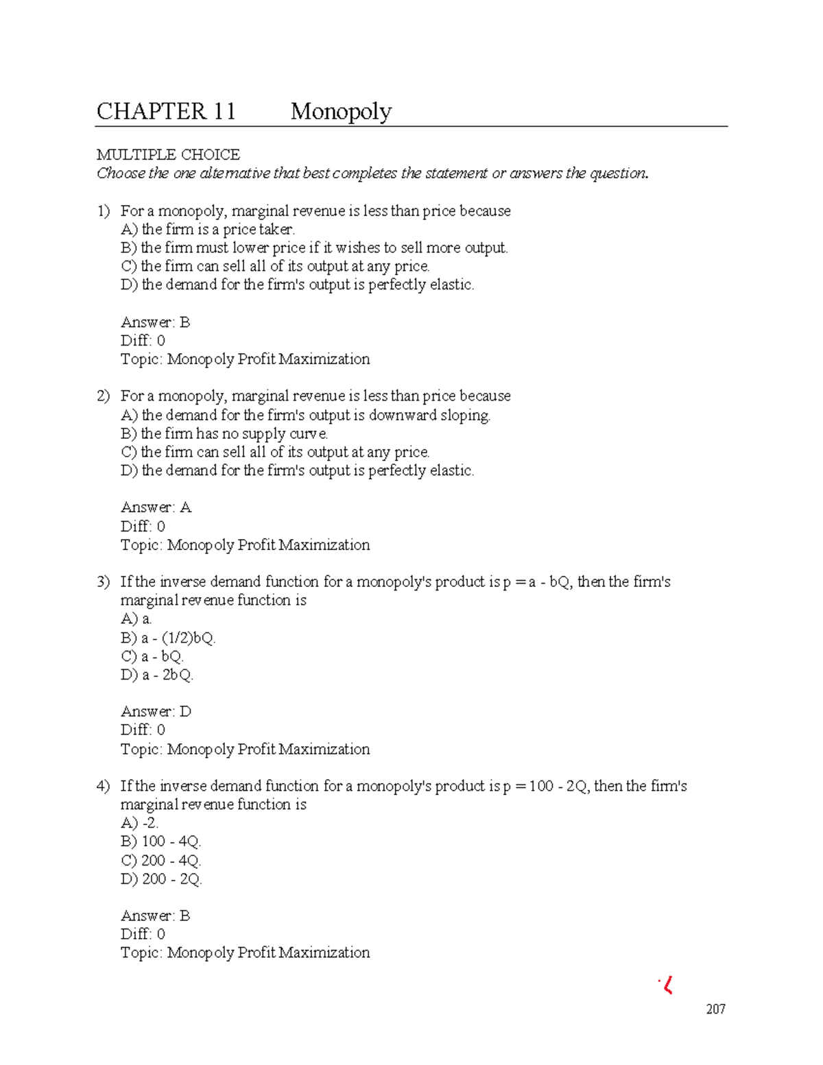 Sample/practice exam 15 March 2018, questions and answers - CHAPTER 11 Monopoly MULTIPLE CHOICE ...