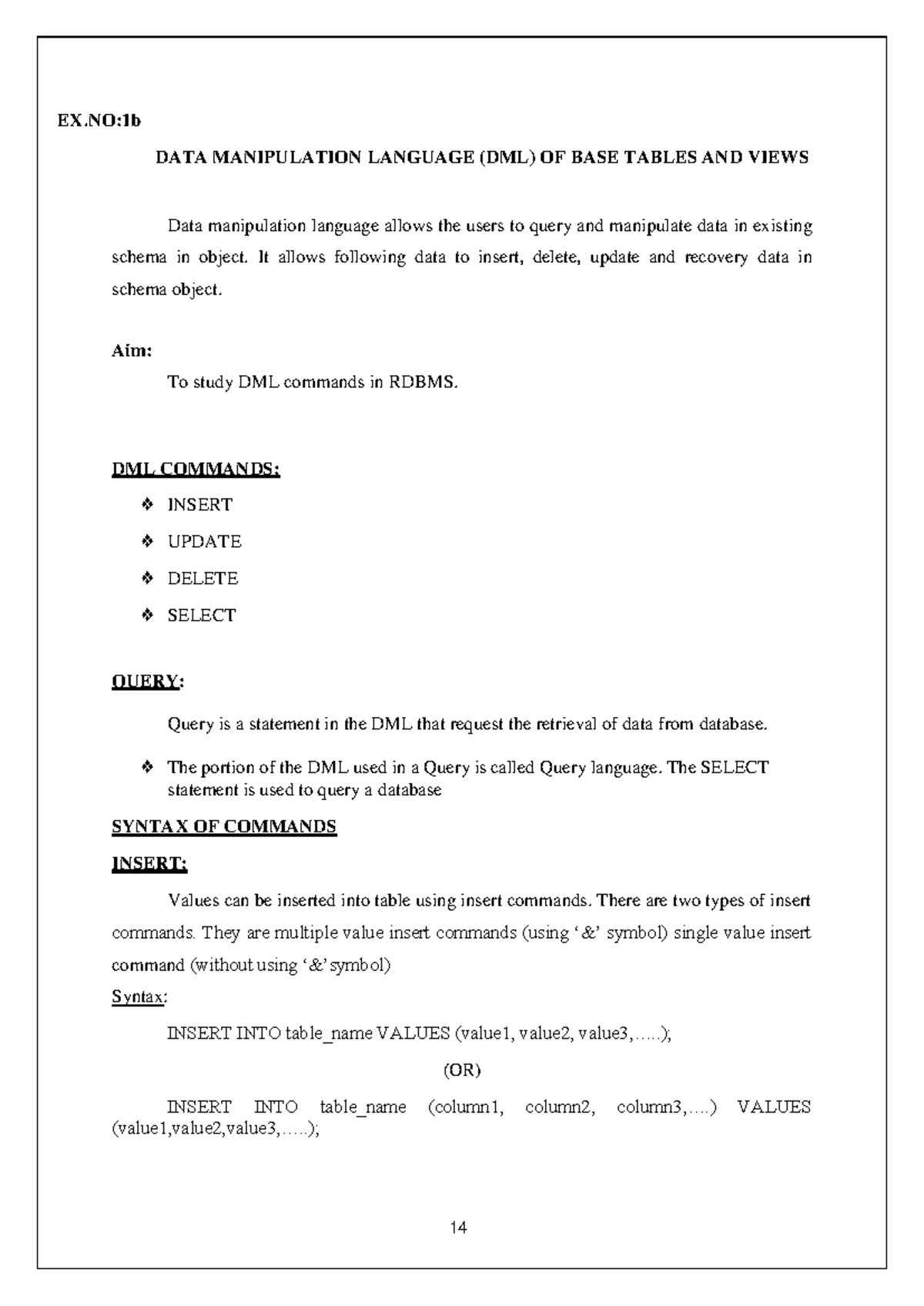 data defination command - EX:1b DATA MANIPULATION LANGUAGE (DML) OF ...