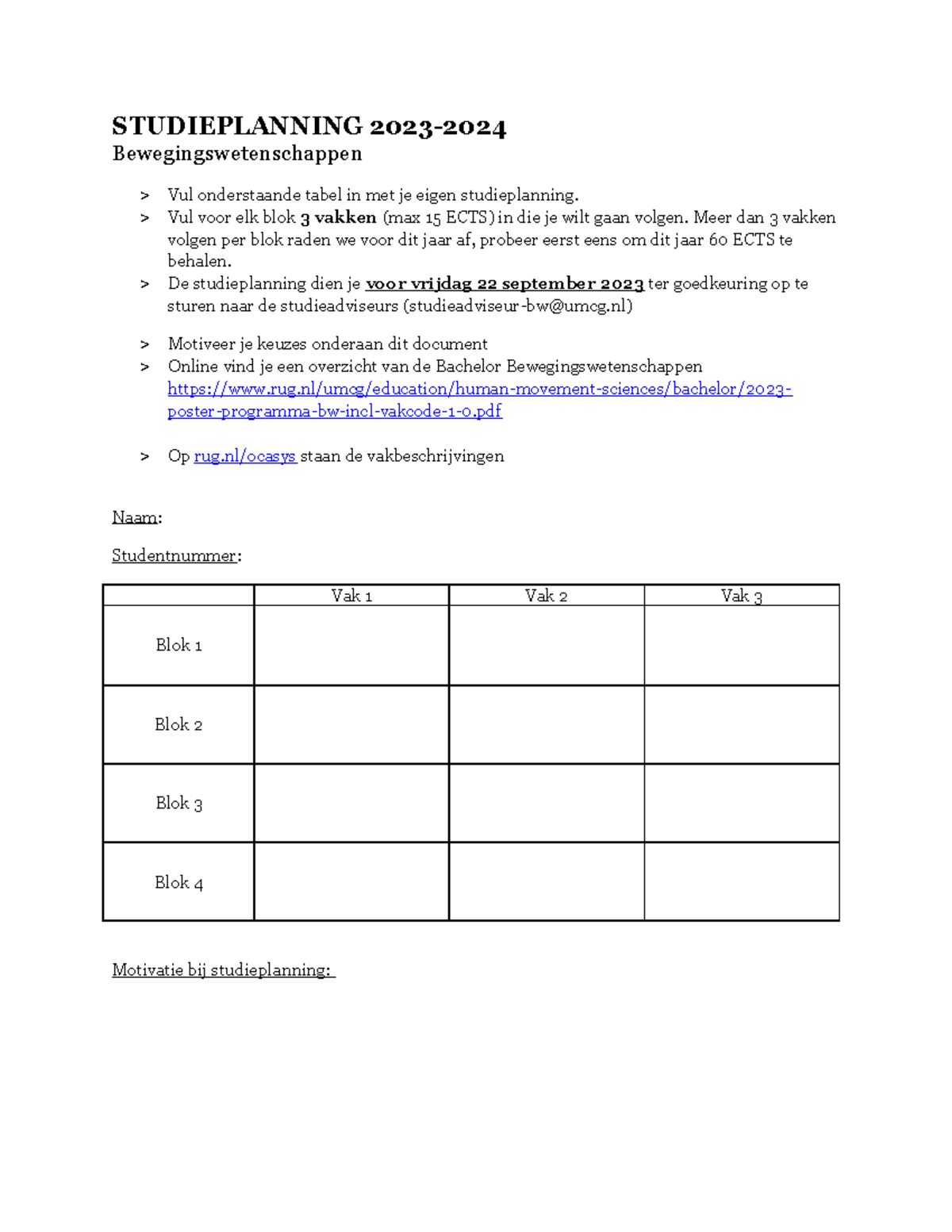 Studieplanning 2023-2024 - STUDIEPLANNING 2023- Bewegingswetenschappen ...