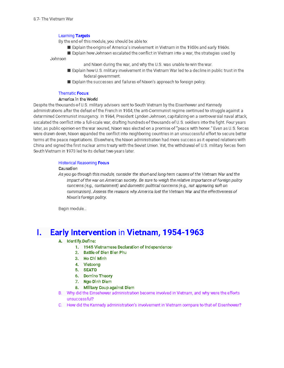 8 - Vietnam War - Learning Targets By the end of this module, you ...