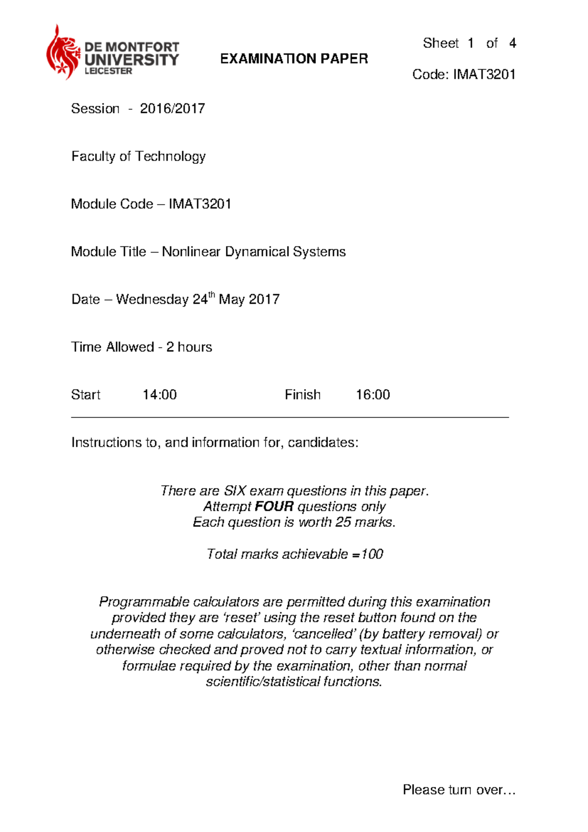 IMAT3201 2017 Exam - EXAMINATION PAPER Code: IMAT Please turn over ...