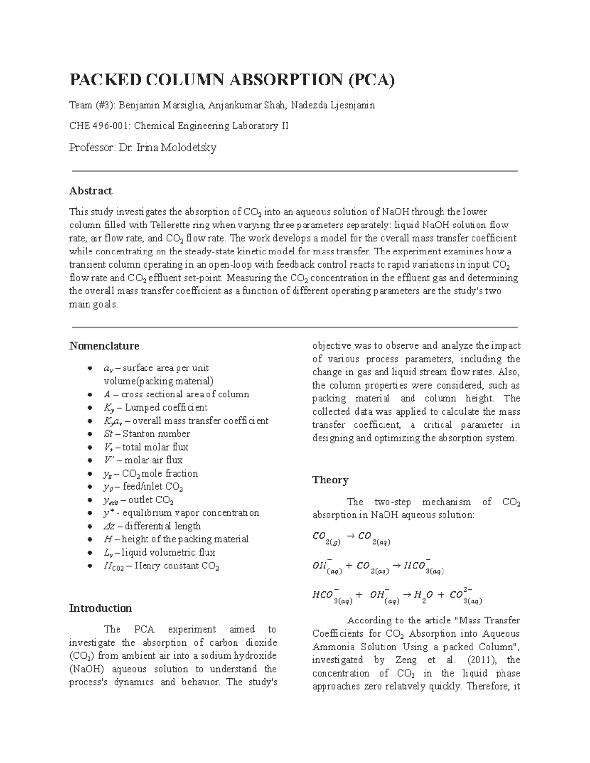 Che 496 PCA Report - PACKED COLUMN ABSORPTION (PCA) Team (#3): Benjamin ...