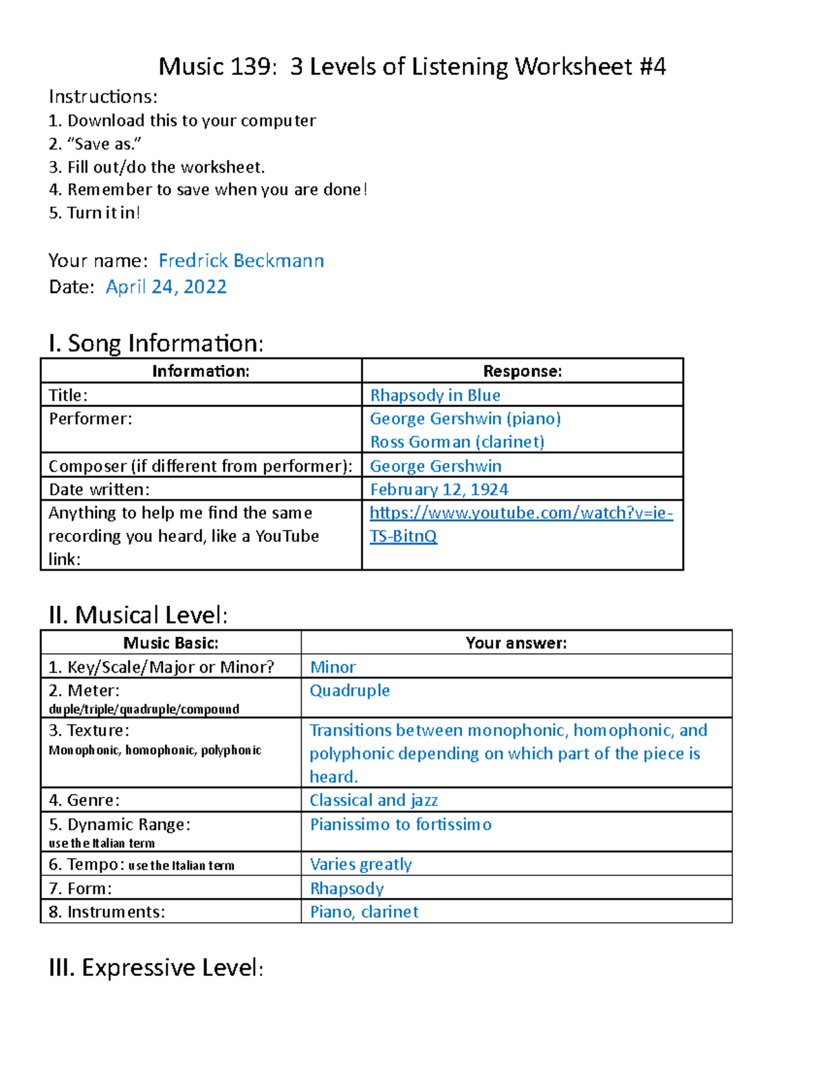 3 Levels of Listening Worksheet on Blackboard #4 - Rhapsody in Blue ...
