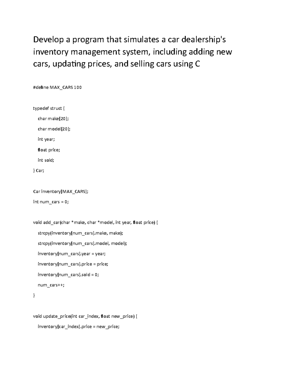 Comp6076-assign 01-C - Program that simulates a car dealership's ...