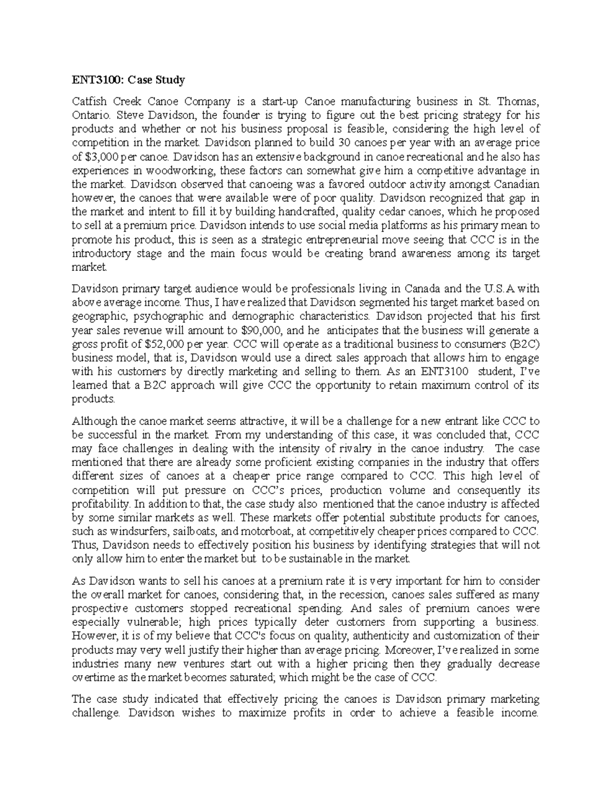 Reflective summary - ENT3100: Case Study Catfish Creek Canoe Company is ...