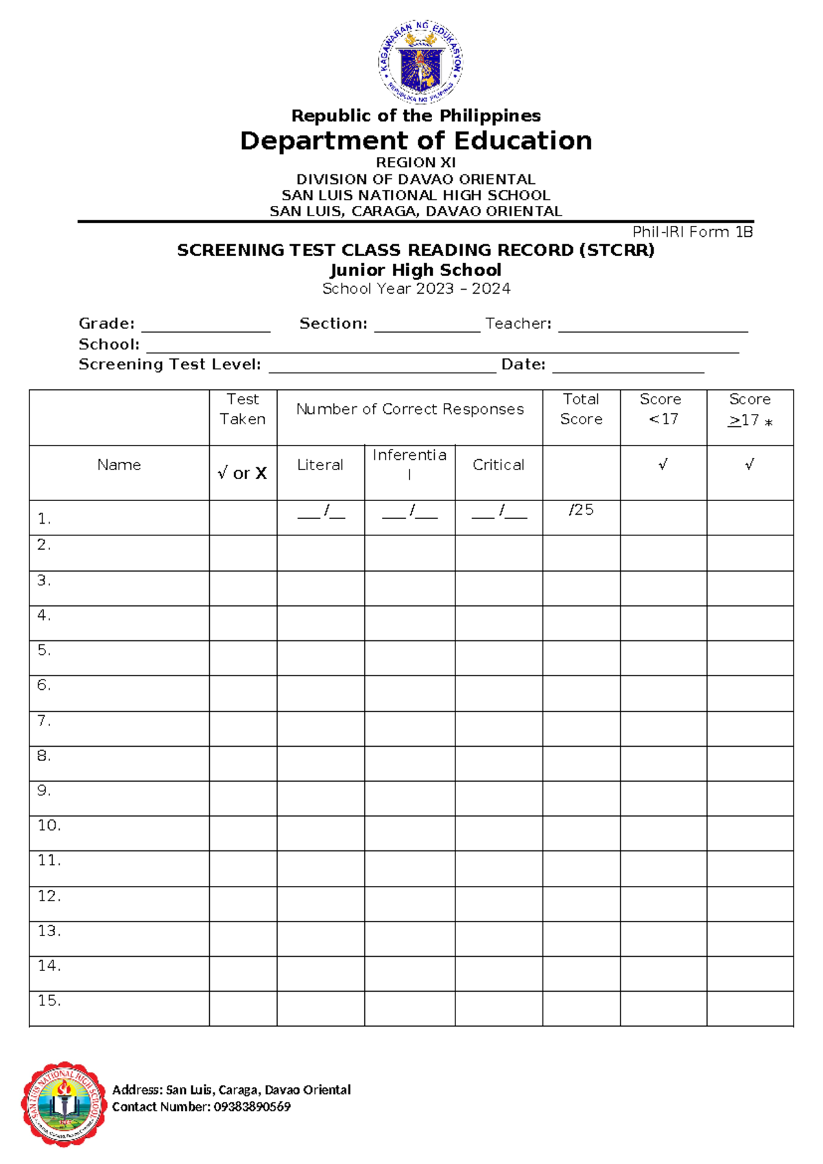 A.3FIL-New-Class-Reading-Profile-GST-2023-2024 1 - Department of Education REGION XI DIVISION OF ...