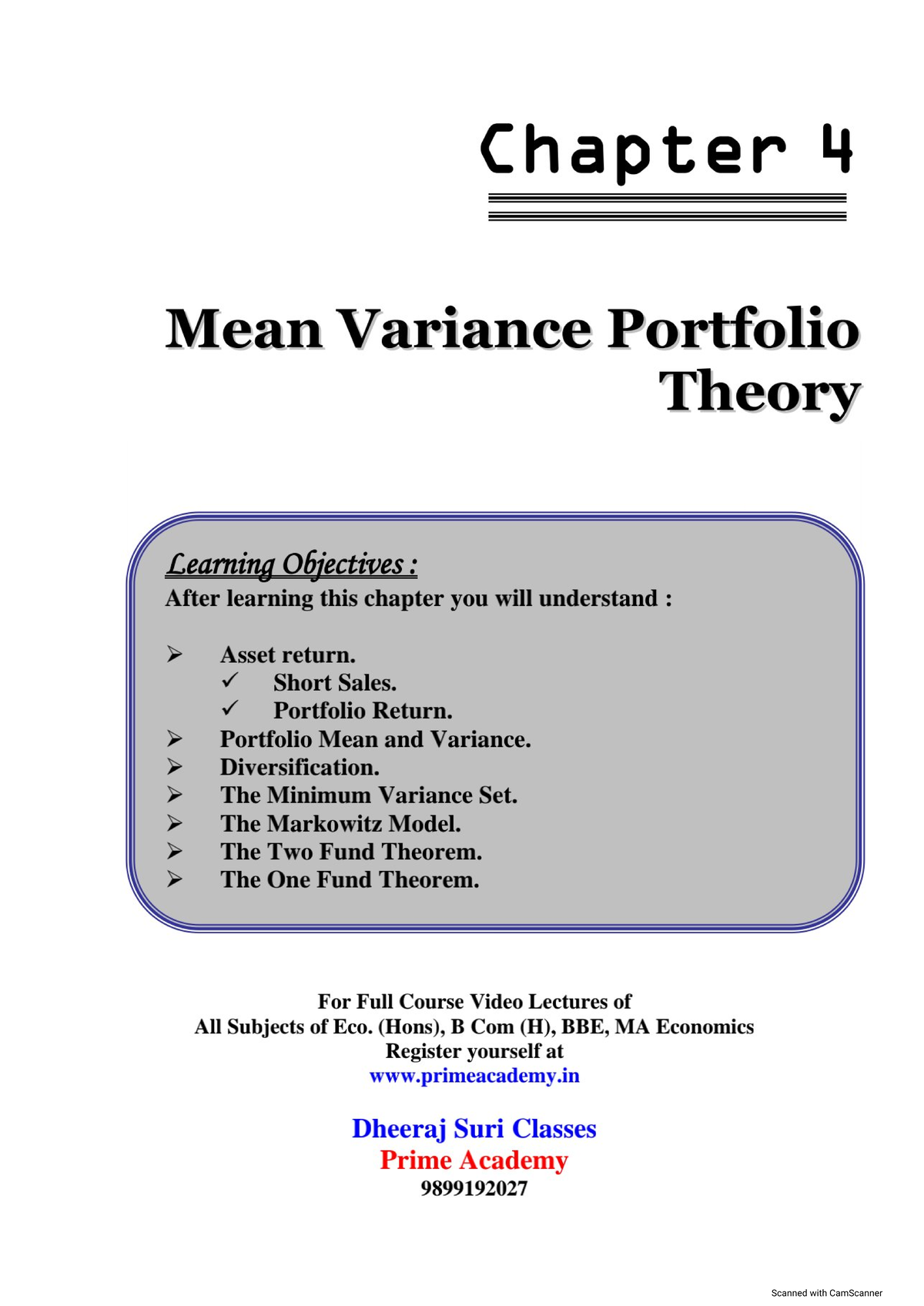 Chapter 4 Mean Variance Portfolio Theory - Economics hons - Studocu