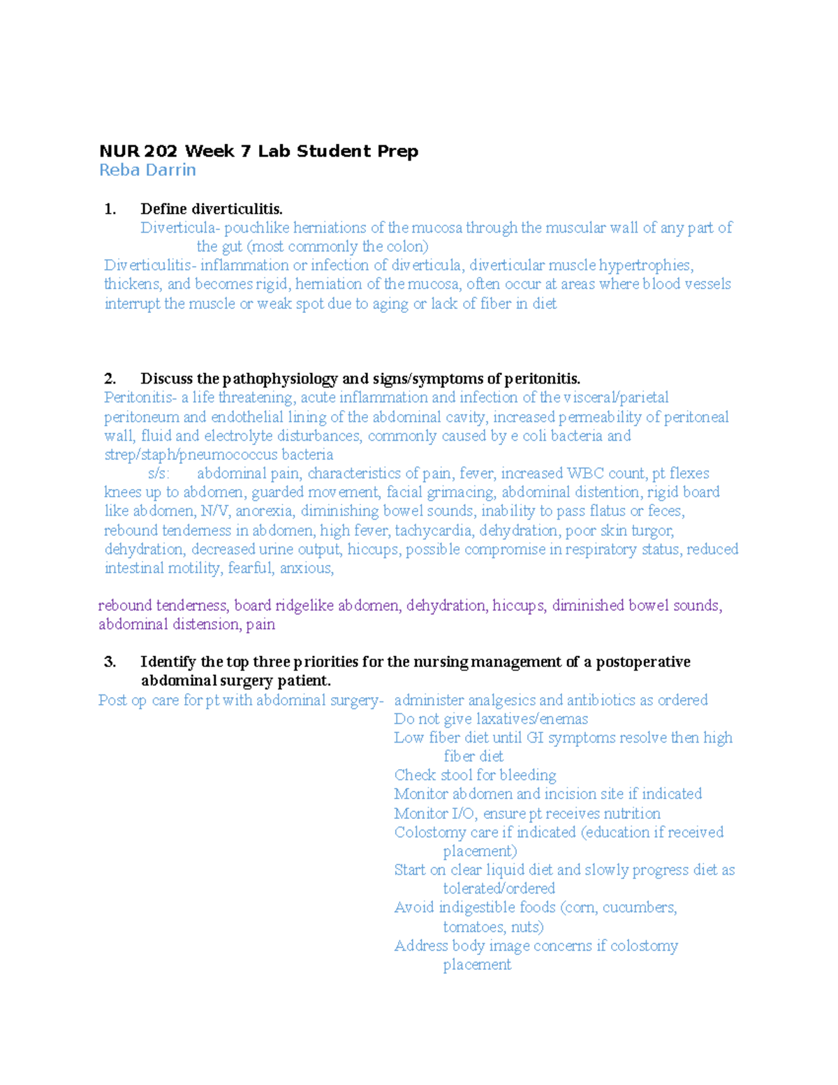 NUR 202 Week 7 Lab Student Prep - NUR 202 Week 7 Lab Student Prep Reba Darrin Define ...