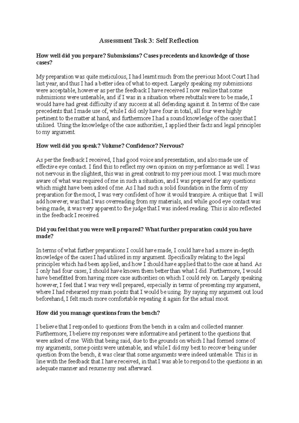 Assessment Task Self reflection - Assessment Task 3: Self Reflection ...