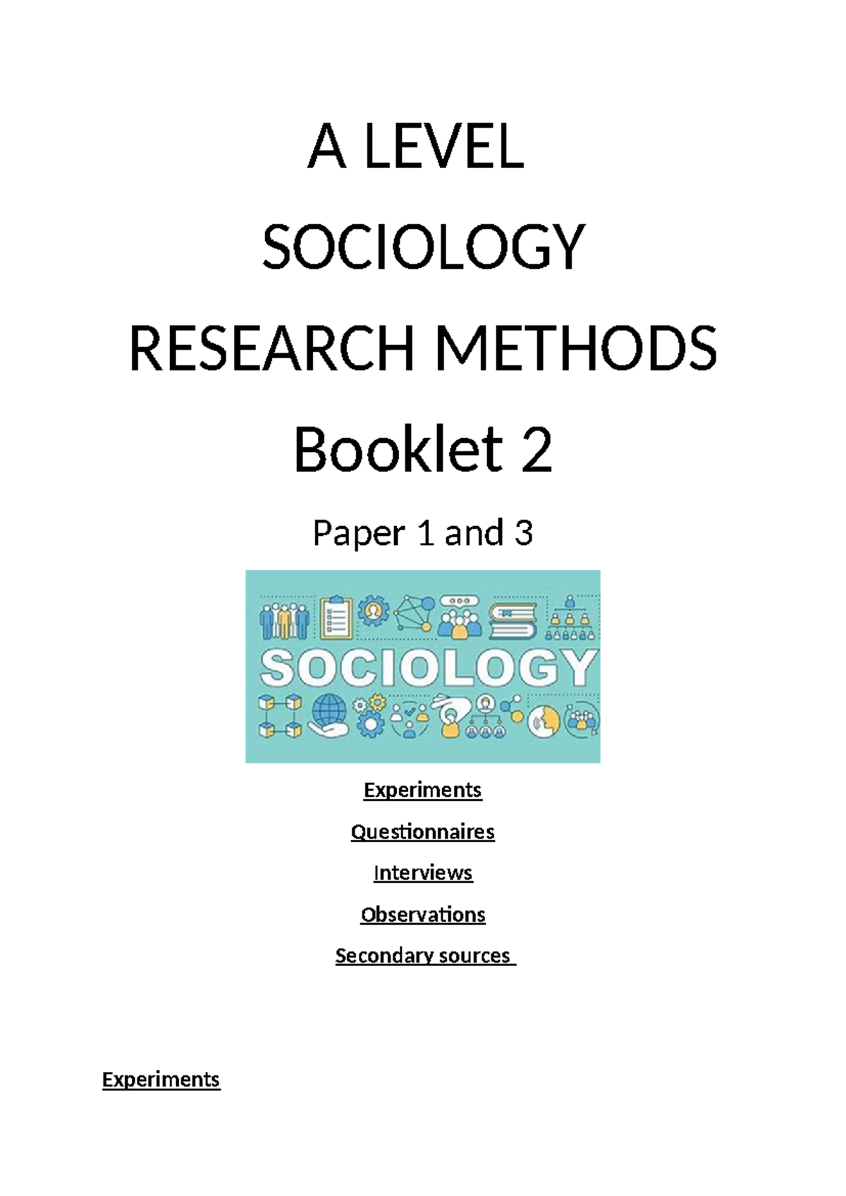 Research Methods Booklet 2 - A LEVEL SOCIOLOGY RESEARCH METHODS Booklet ...