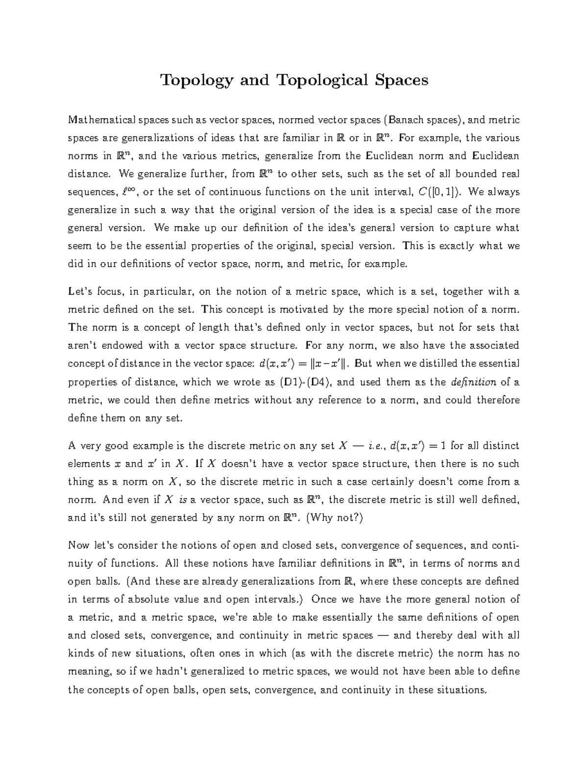 Lecture Notes Lecture 16 Topology Topology And Topological Spaces Mathematical Spaces Such