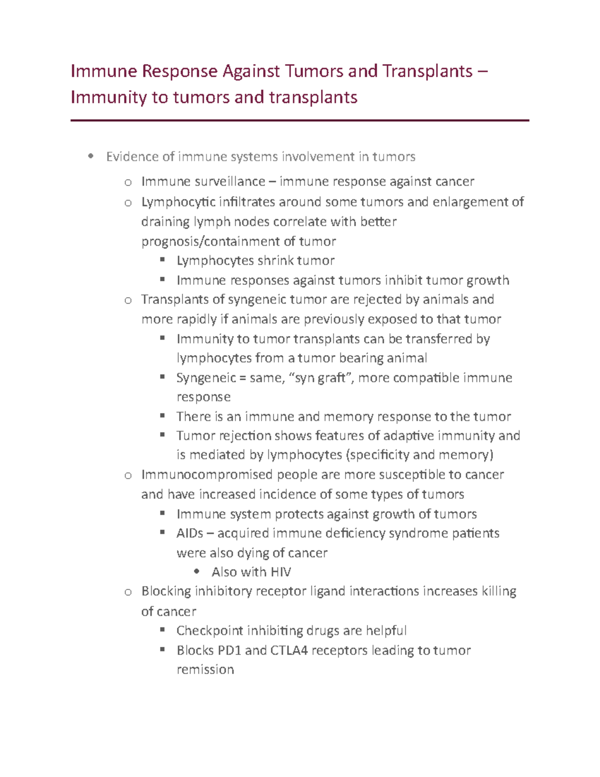 Immune Response Against Tumors and Transplants - VTPB 409 - TAMU - Studocu