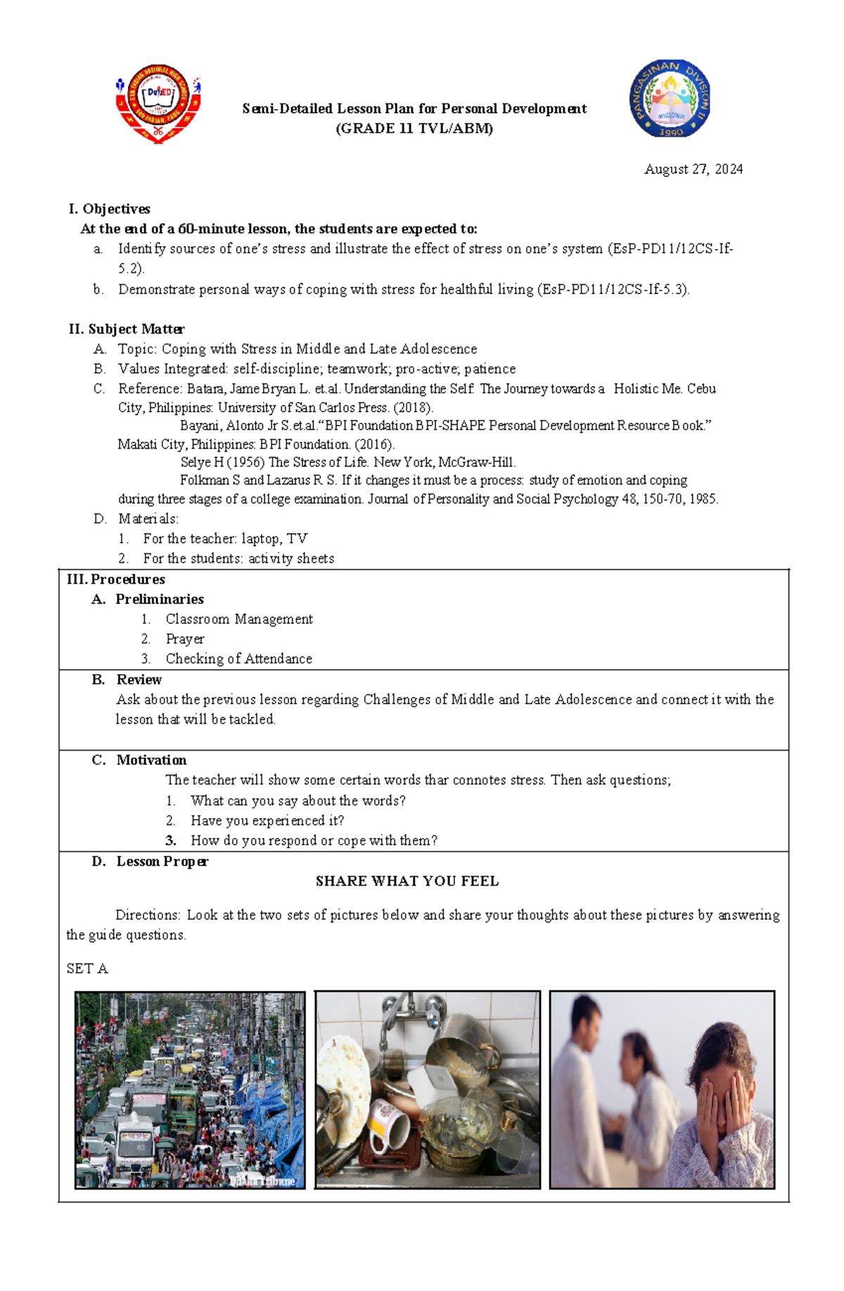Semi-Detailed-LP- Coping WITH Stress - Semi-Detailed Lesson Plan for ...