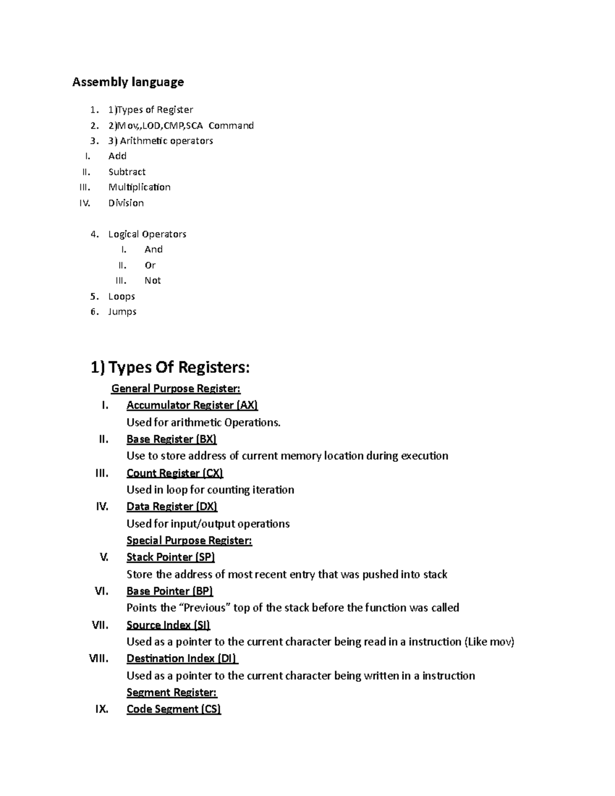 Assembly language - Lecture notes 1-5 - Assembly language 1)Types of ...
