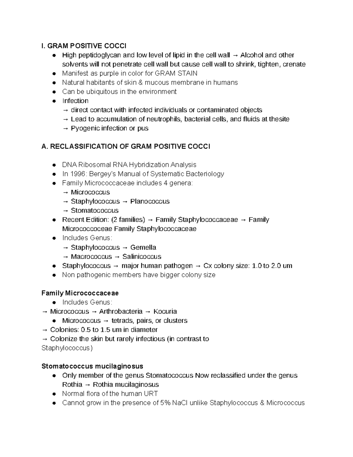 GRAM Positive Notes 1 - I. GRAM POSITIVE COCCI High peptidoglycan and ...