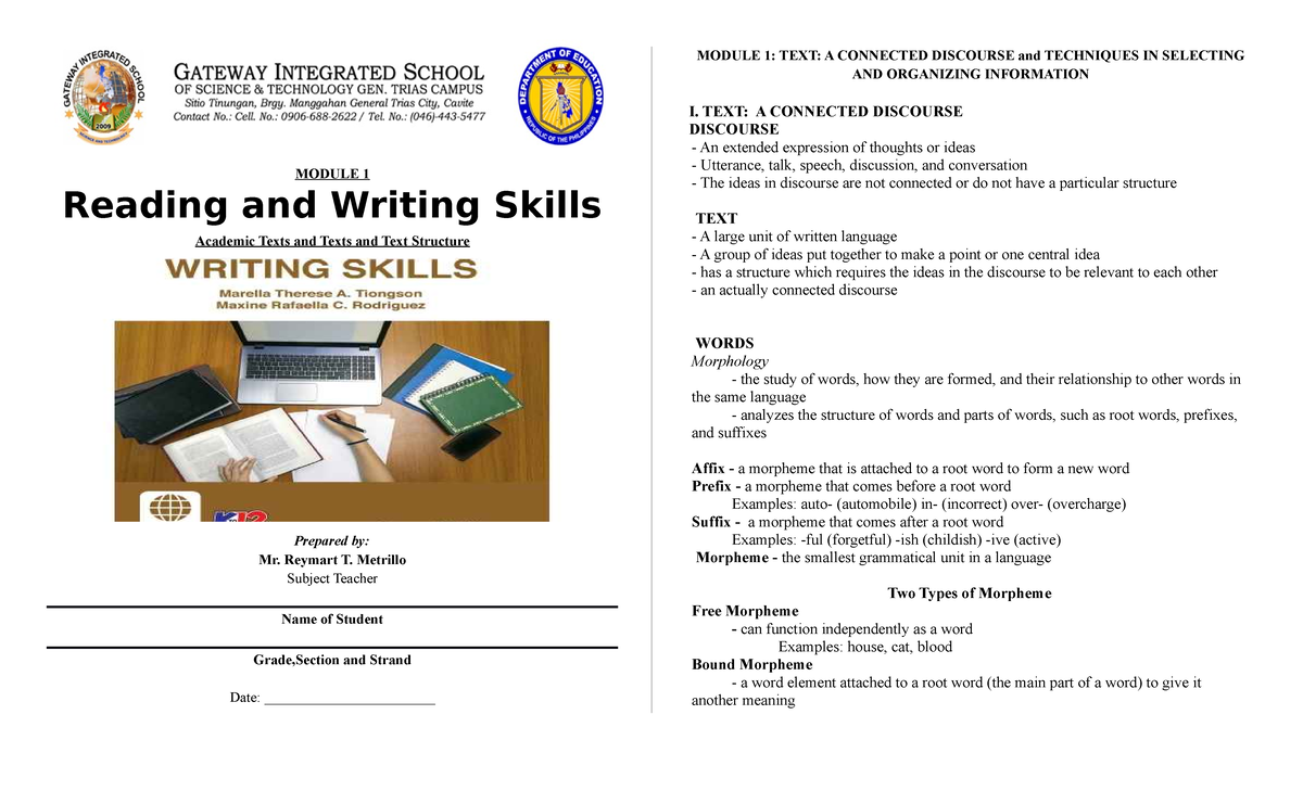 Reading and Writing Skills Module 1/ School Year 2021-2022/ From ...