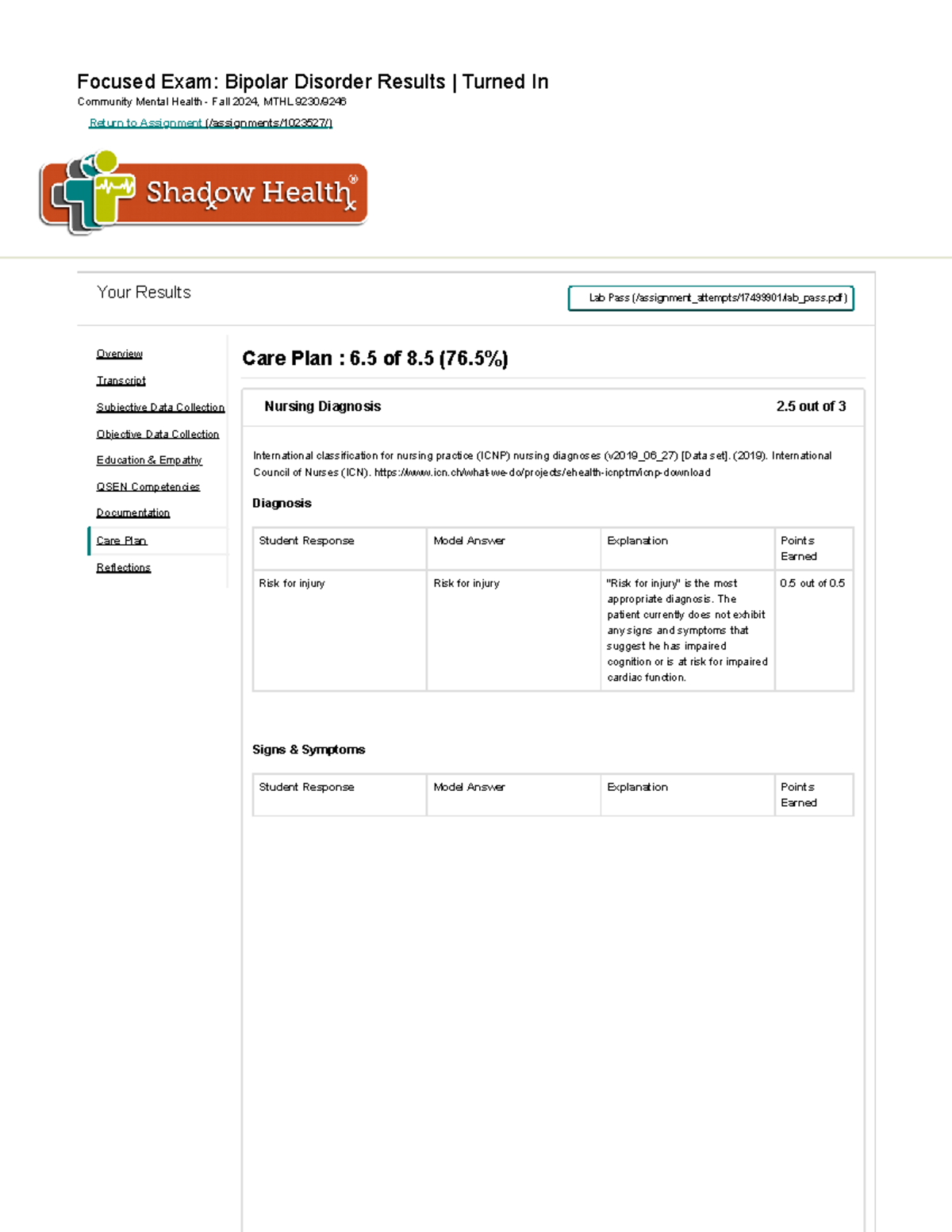 Shadow Health Bipolar Lucas Callahan Care Plan - Focused Exam: Bipolar ...