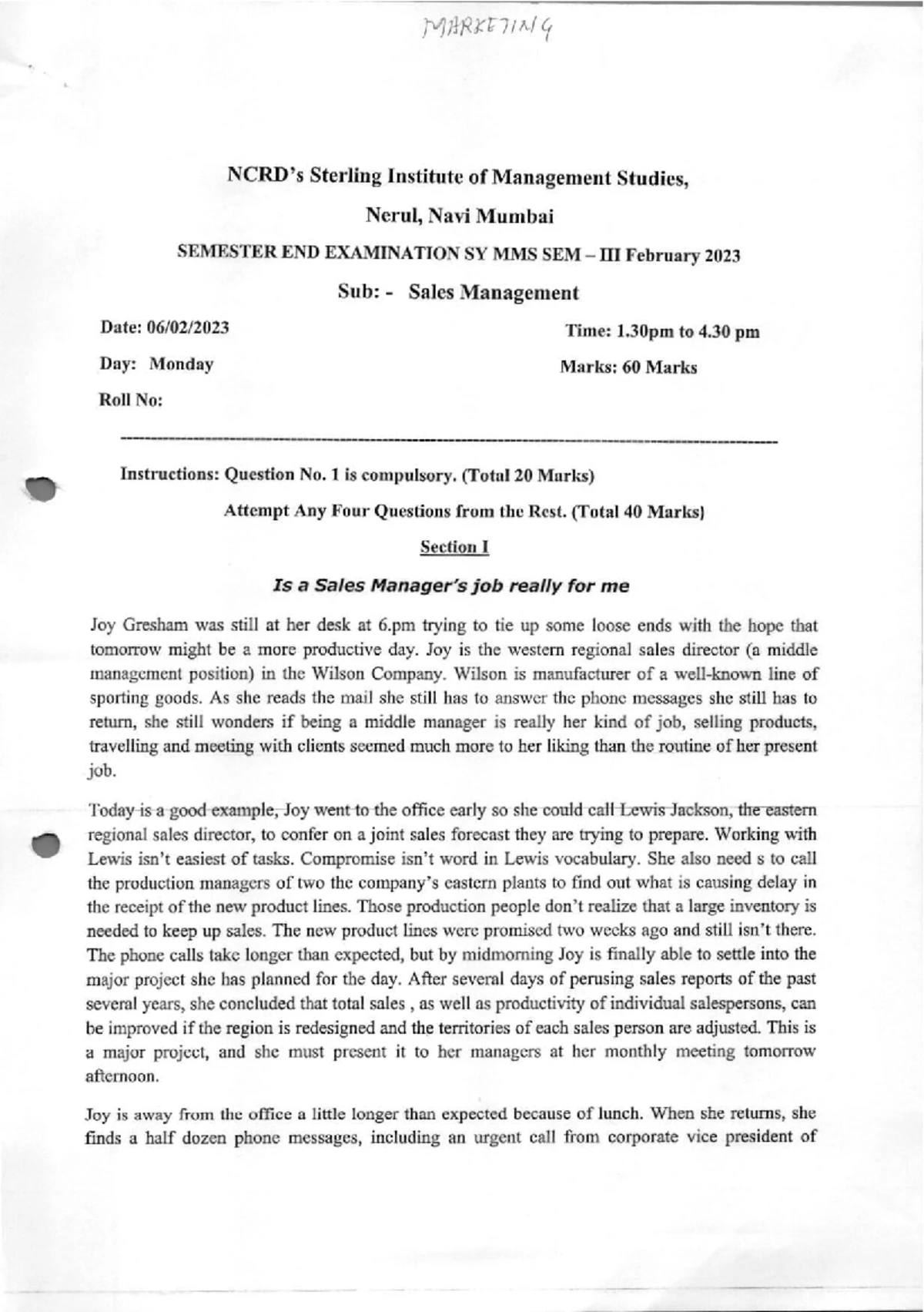 MMS Que. Paper Sem-III 2024 - Sterling Institute of Management Studies ...
