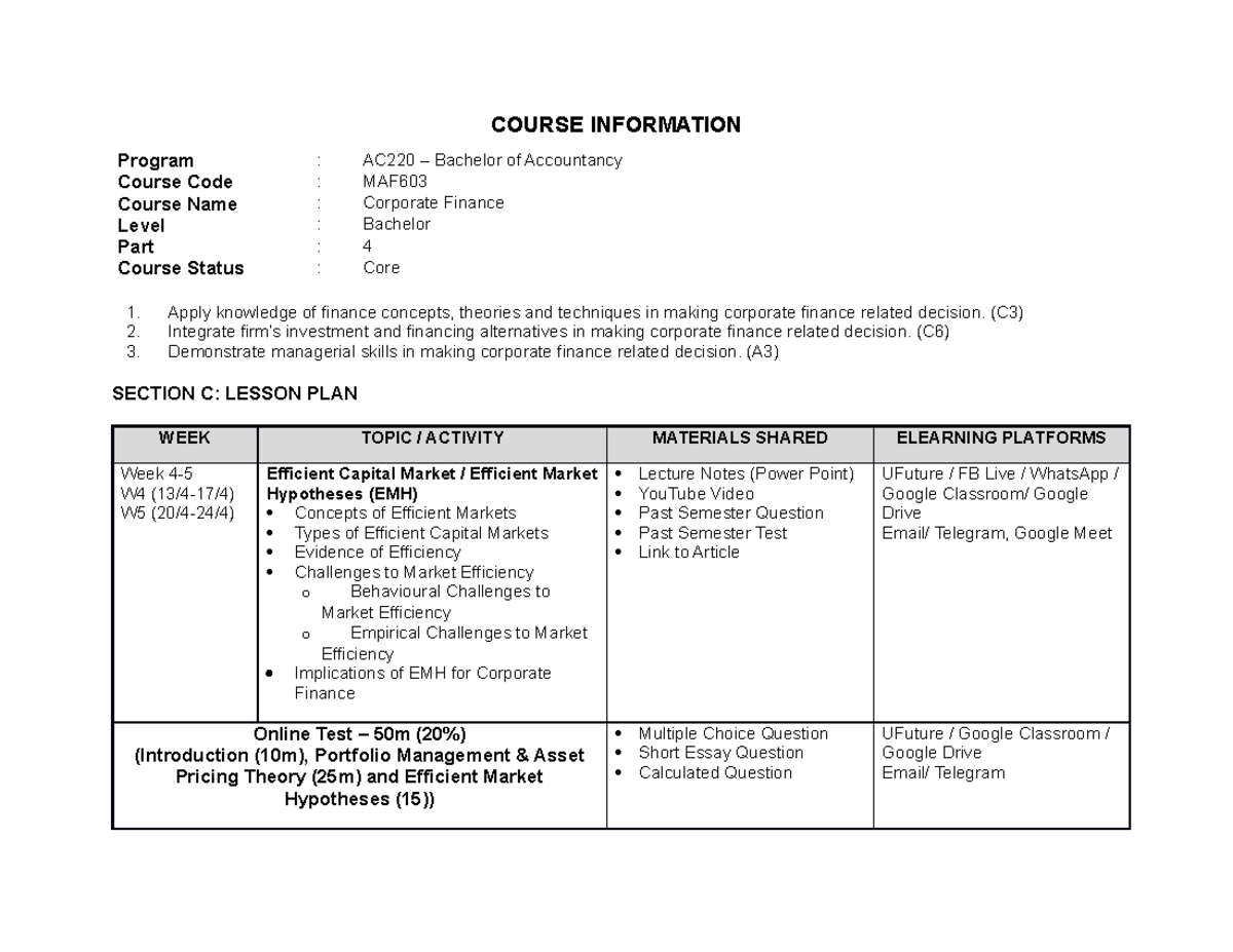 MAF603-Lesson Plan ODL Student - COURSE INFORMATION Program : AC220 ...