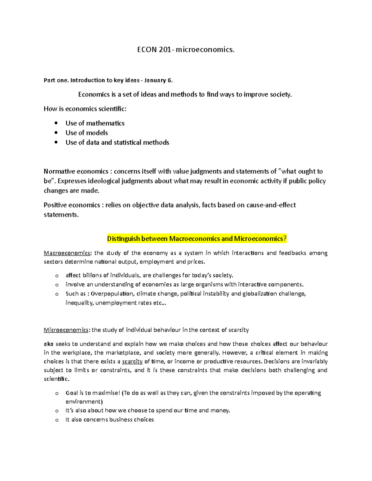 ECON 201 notes - ECON 201- microeconomics. Part one. Introduction to ...