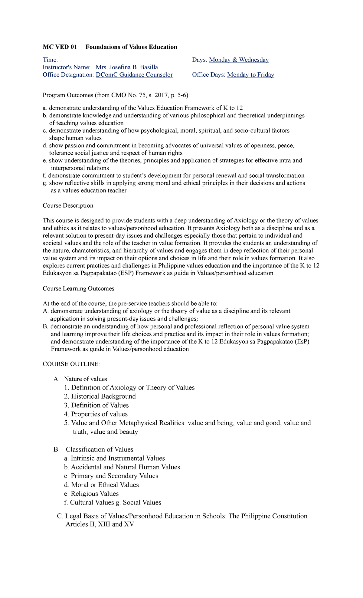 Course-Outline-for-MC-VED-01-02-03-04 - MC VED 01 Foundations of Values Education Time: Days ...