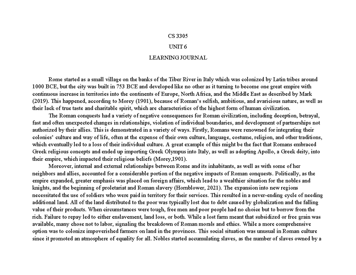 HIST 1421 UNIT 6 journal - CS 3305 UNIT 6 LEARNING JOURNAL Rome started ...