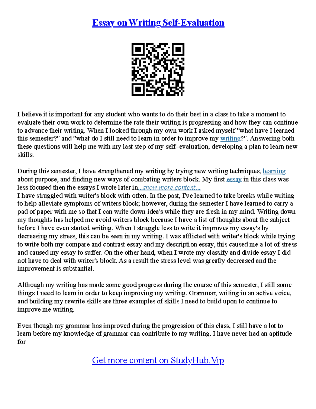 Self Introduction Sample Essay - Essay on Writing Self-Evaluation I ...