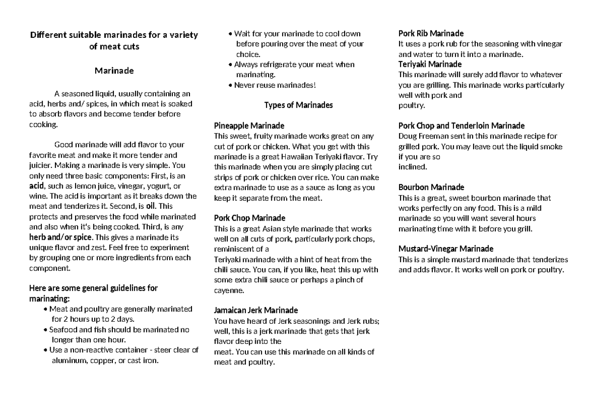 Worksheet 3 - Different suitable marinades for a variety of meat cuts ...