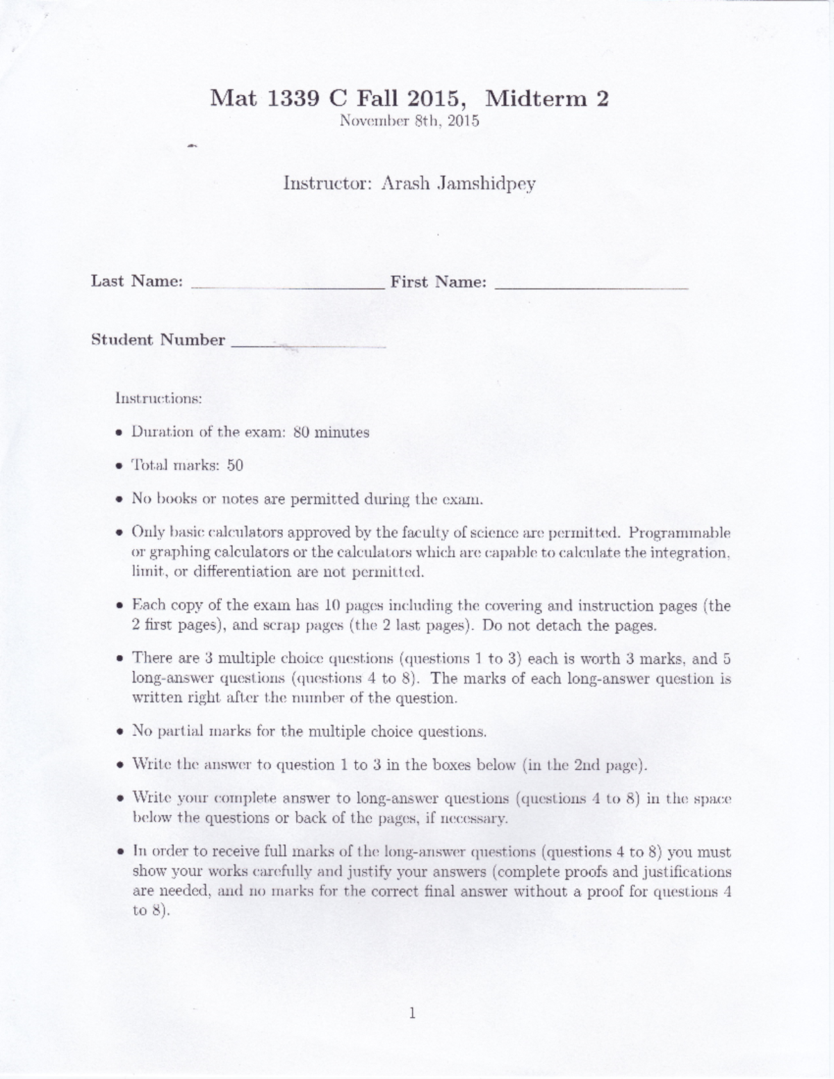 Midterm 2 2015, questions and answers - MAT1339 - Studocu
