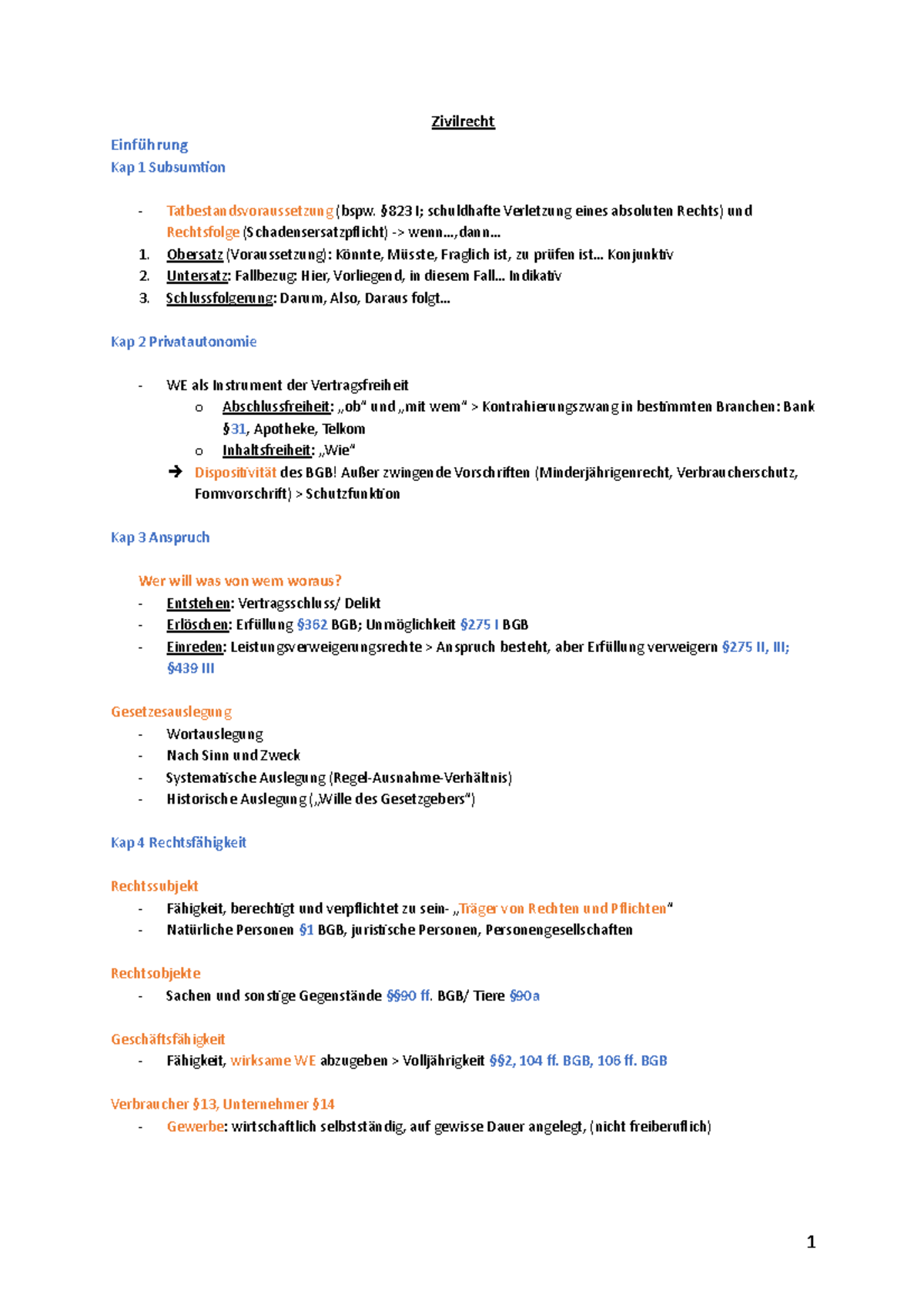 ZF Zivilrecht - Zivilrecht Einführung Kap 1 Subsum&on ...