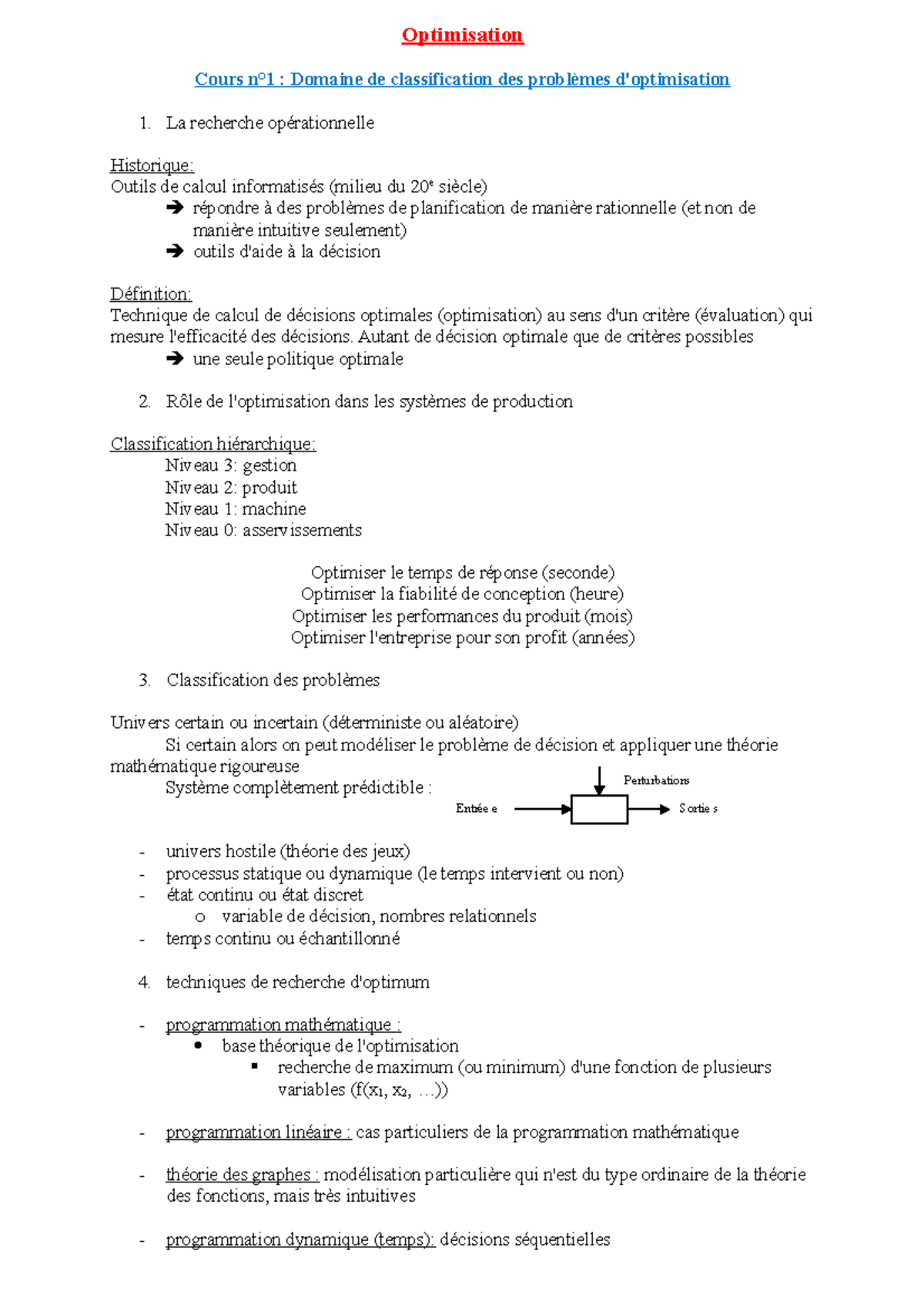 Optimisation - math - Optimisation Cours n°1 : Domaine de classification des problèmes - Studocu