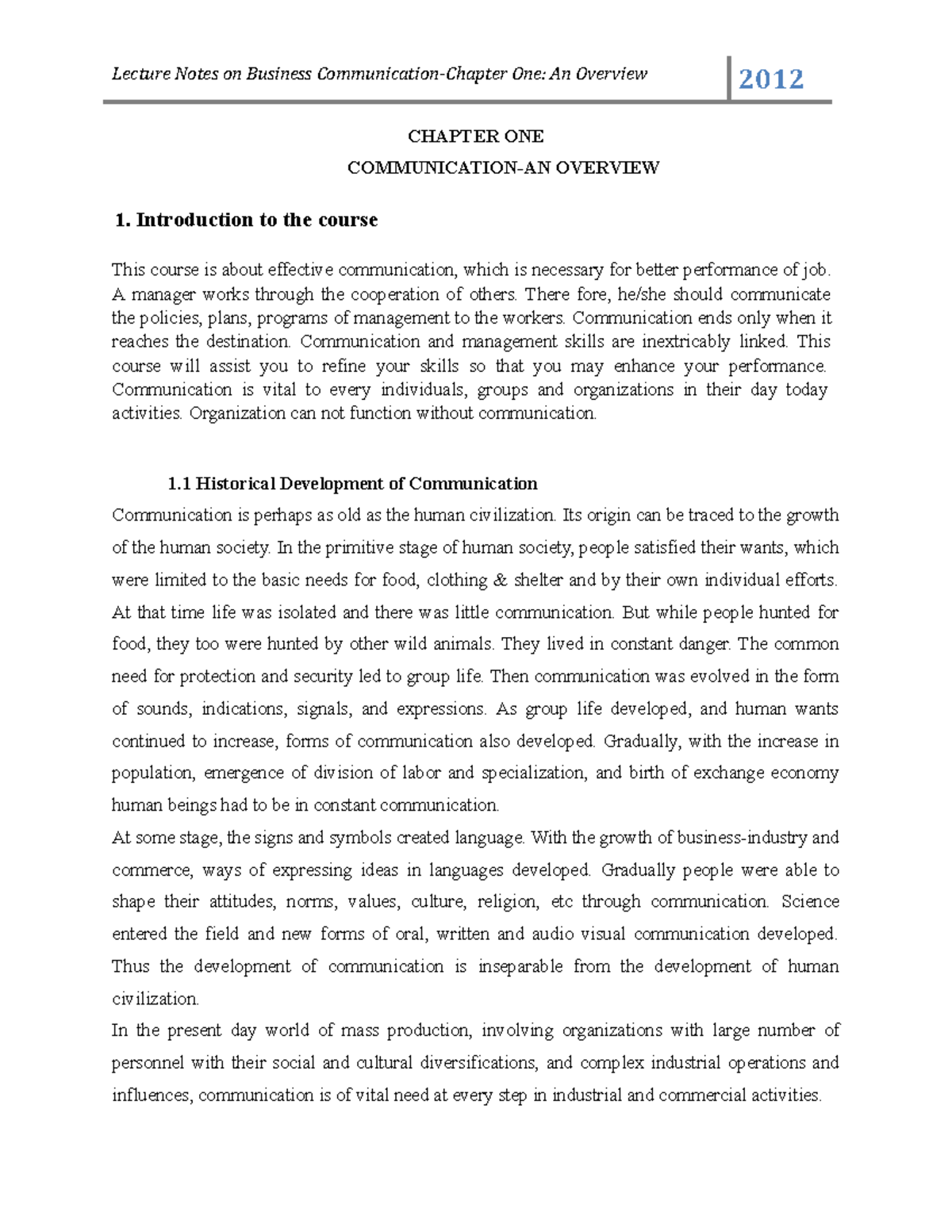 Chapter 1 - Business Communication - 2012 CHAPTER ONE COMMUNICATION-AN ...