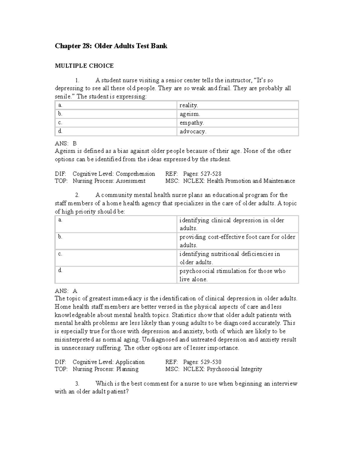 Chapter 28 Older Adults - Chapter 28: Older Adults Test Bank MULTIPLE ...