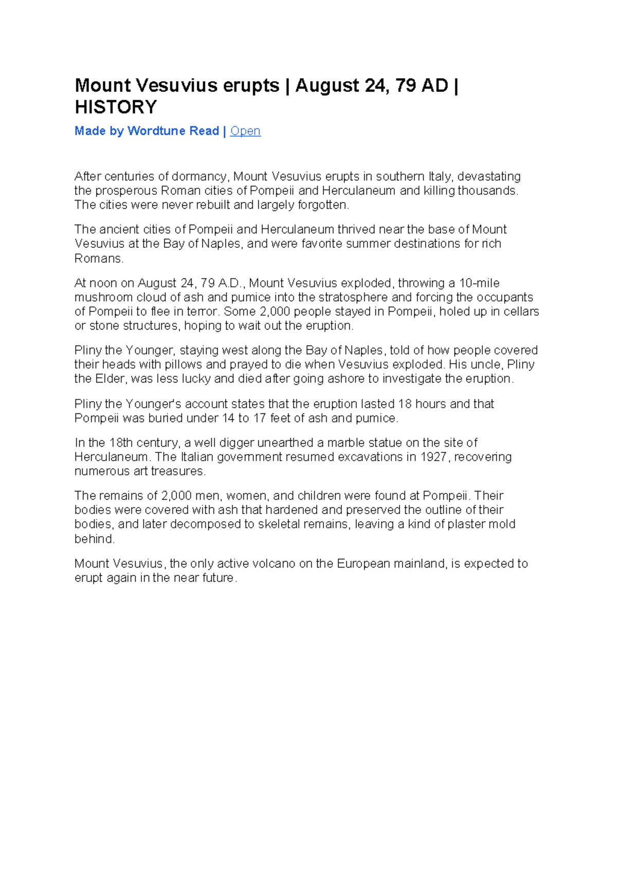 Mount Vesuvius erupts August 24, 79 AD History-WT Summaries - Mount ...