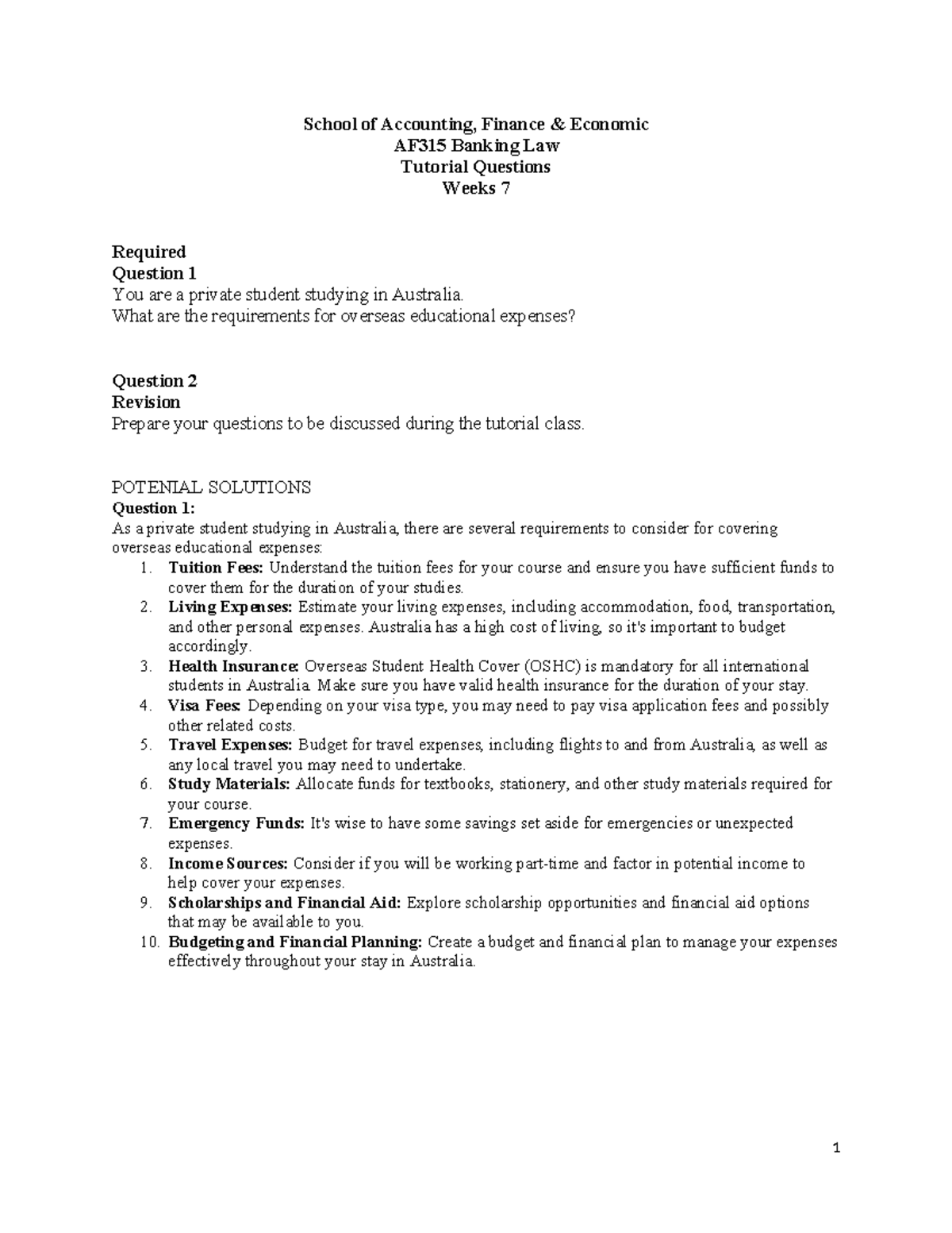 Week 7 - Student - Below contains tutorial questions for 2024 - School ...