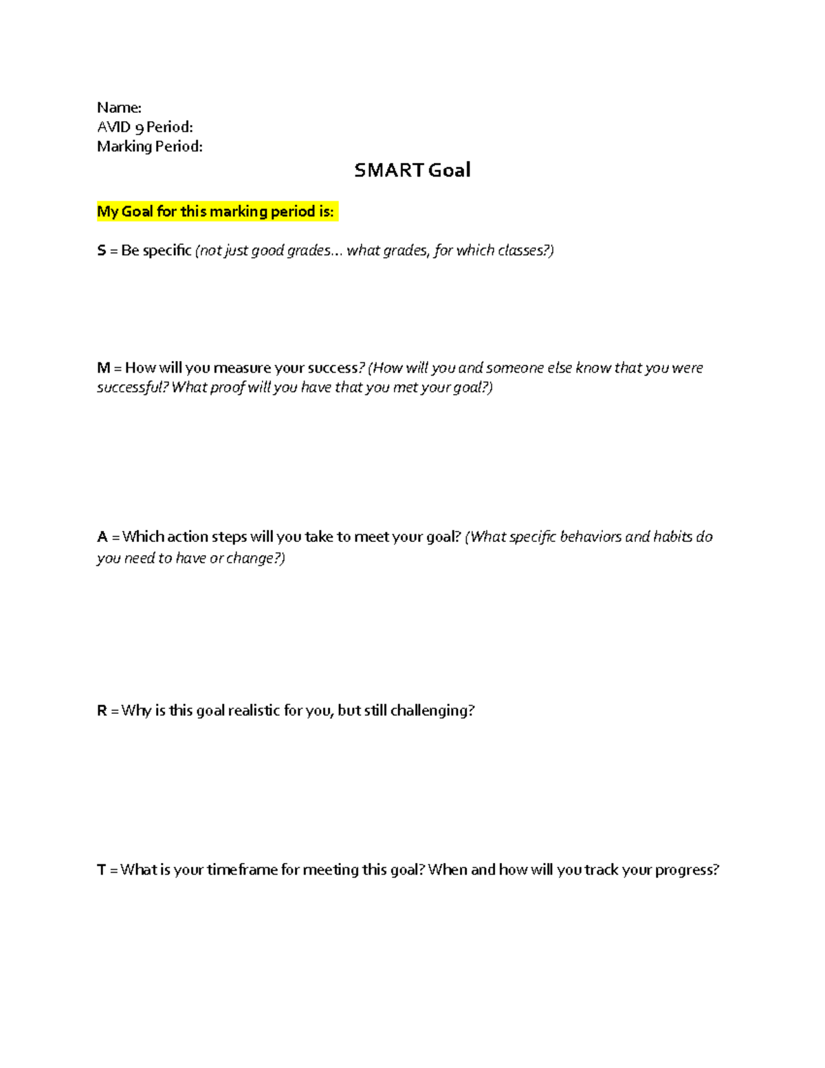 Copy of Copy of AVID 9 Smart Goal Form and Reflection - Name: AVID 9 ...