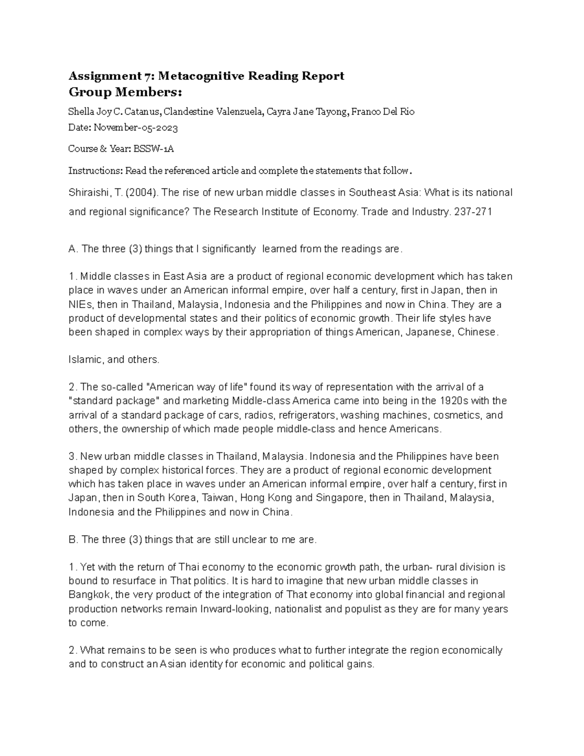 CW-PAGE-91 - Uagavwha - Assignment 7: Metacognitive Reading Report Group Members: Shella Joy C ...