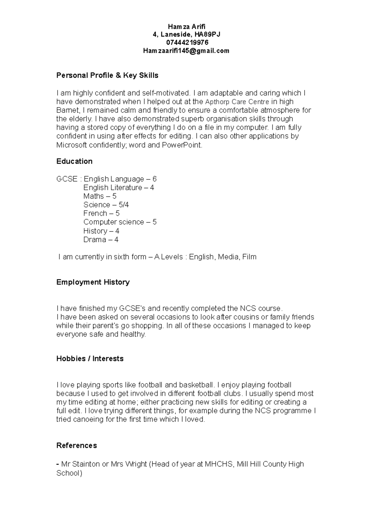 Cv template - Lecture notes 1,3 - Hamza Arifi 4, Laneside, HA89PJ ...
