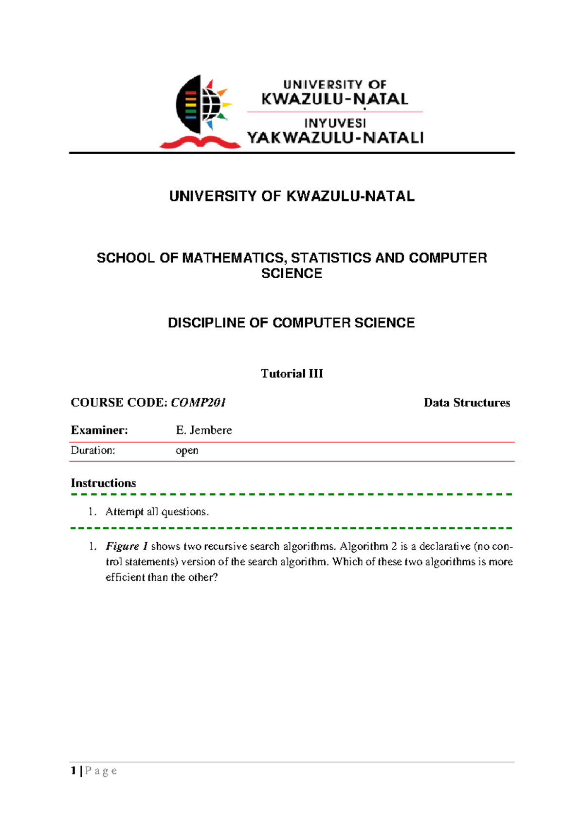 Tutorial 3 Solutions - UNIVERSITY OF KWAZULU-NATAL SCHOOL OF MATHEMATICS, STATISTICS AND ...