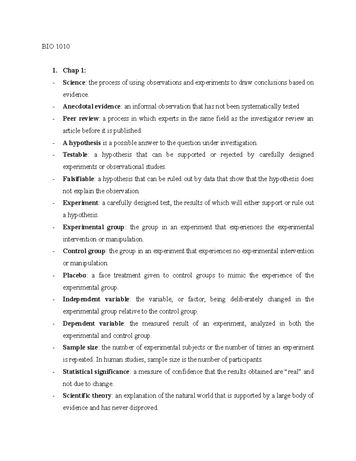 BIO 1010 - General Info - BIO 1010 Chap 1: Science: the process of ...