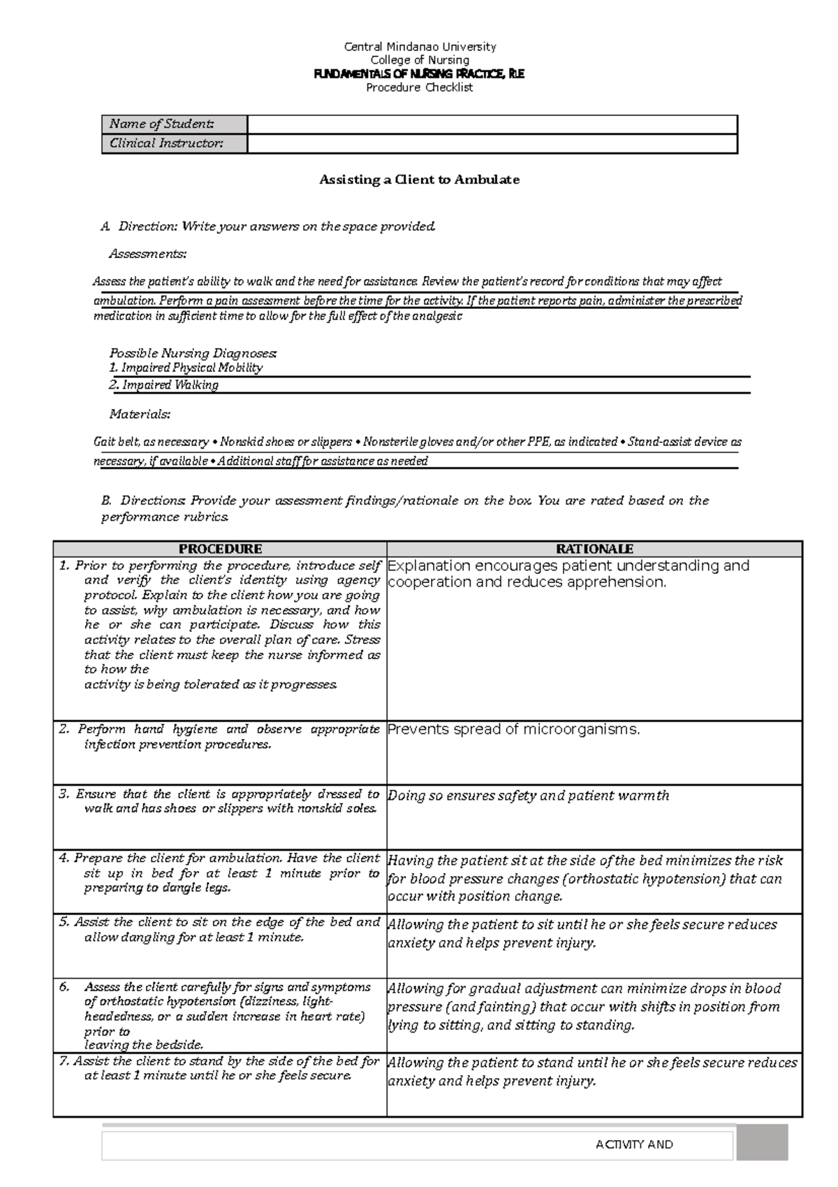 Rationale Assisting Client TO Ambulate - Central Mindanao University ...